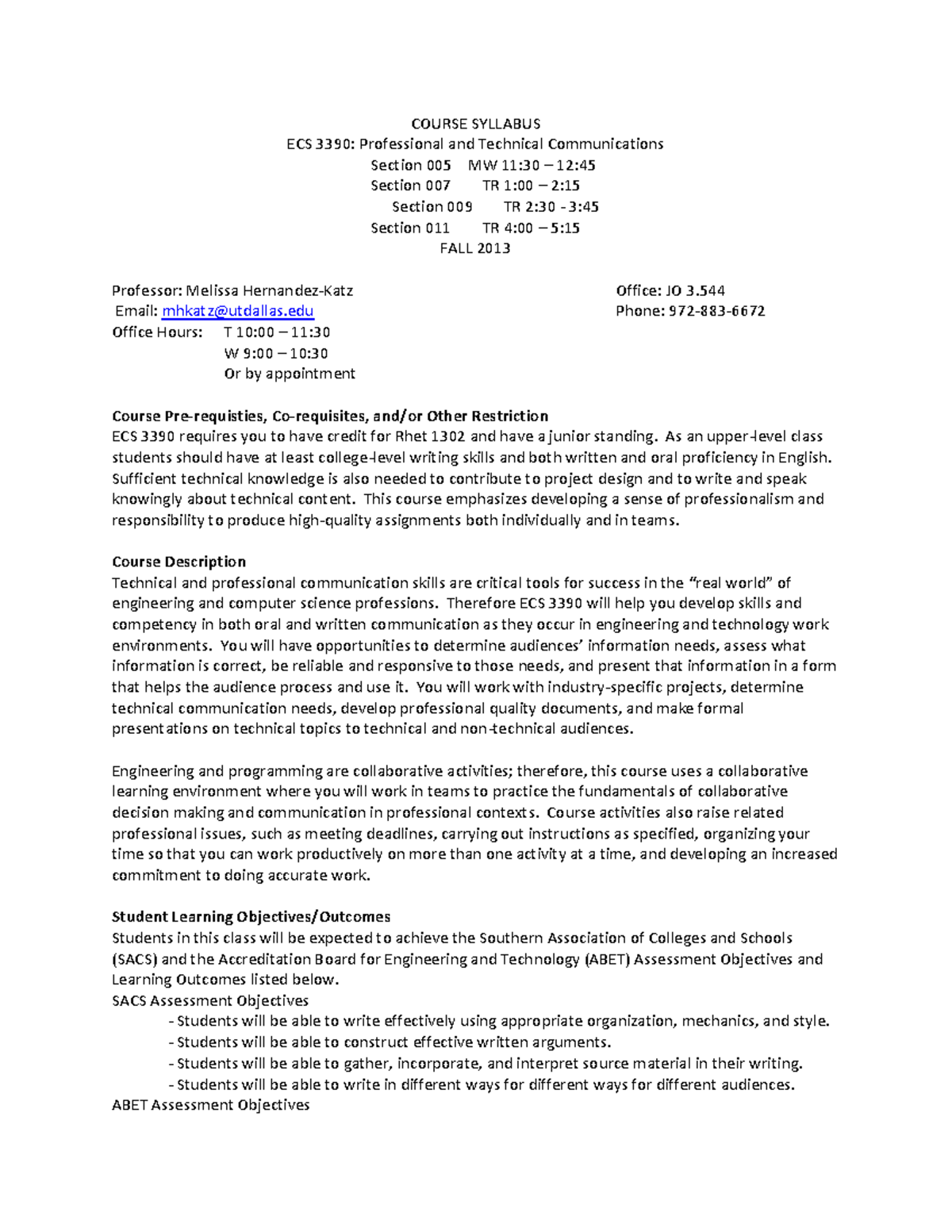 Syl35336 - Syllabus - COURSE SYLLABUS ECS 3390: Professional and ...