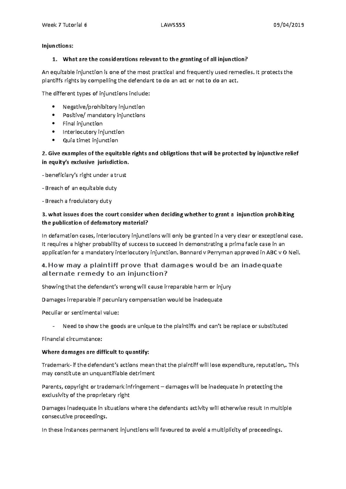 LAWS555 Week 7 Tutorial 6 - Week 7 Tutorial 6 LAWS555 09/04/ Injunctions: 1. What are the - Studocu