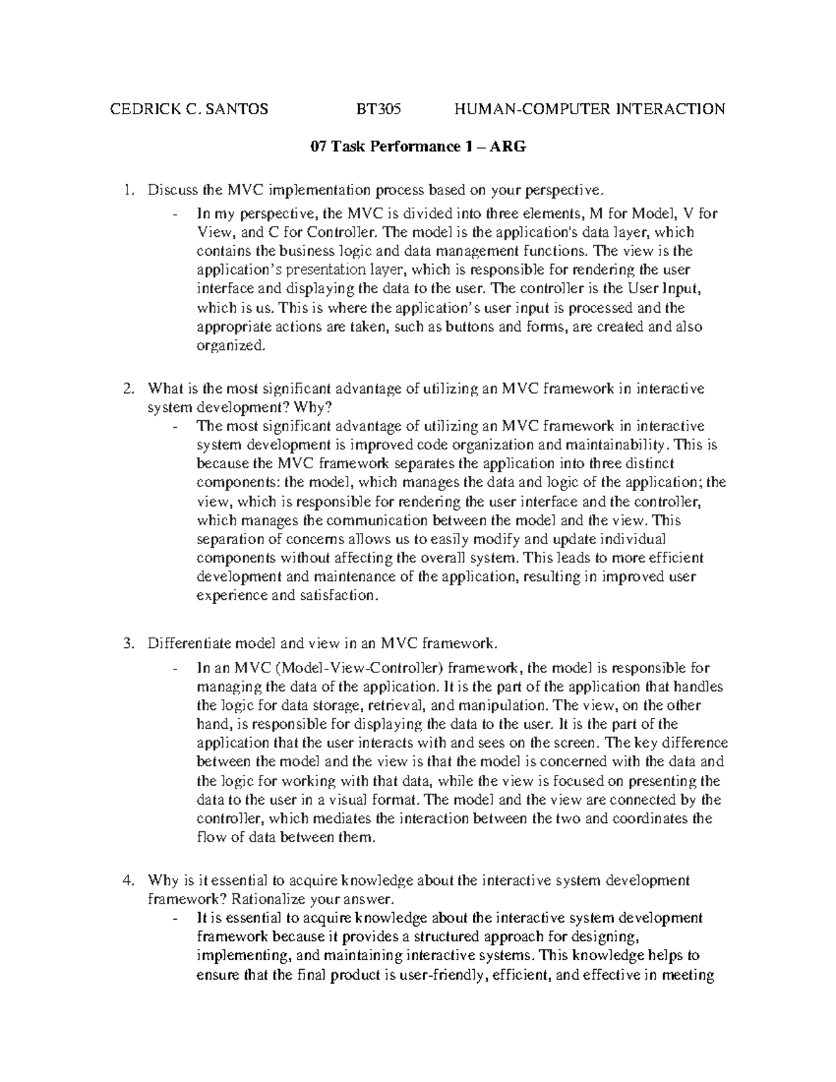 Santos Cedrick C HCI - CEDRICK C. SANTOS BT305 HUMAN-COMPUTER INTERACTION 07 Task Performance 1 ...