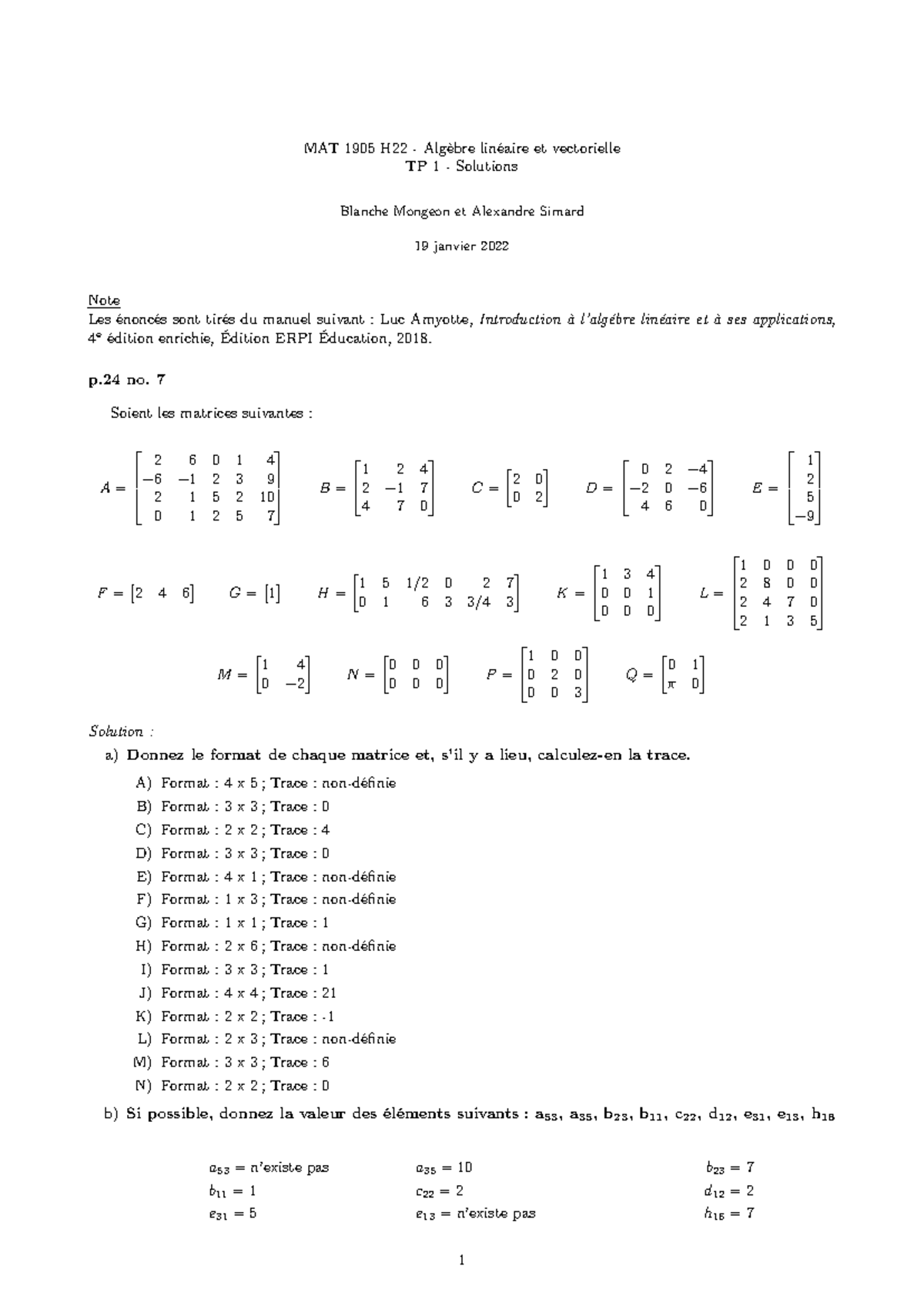 TP1 correction - MAT 1905 H22 - Algèbre linéaire et vectorielle TP 1 - Solutions Blanche Mongeon ...