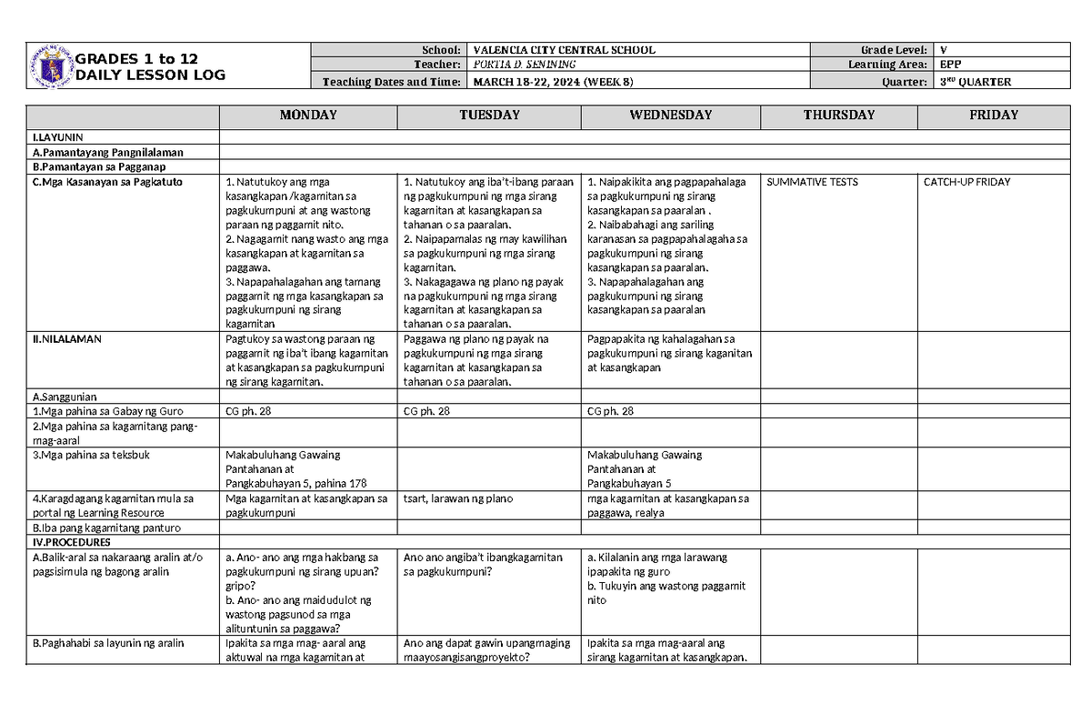 DLL EPP-5 Q3 W8 - GRADES 1 to 12 DAILY LESSON LOG School: VALENCIA CITY ...