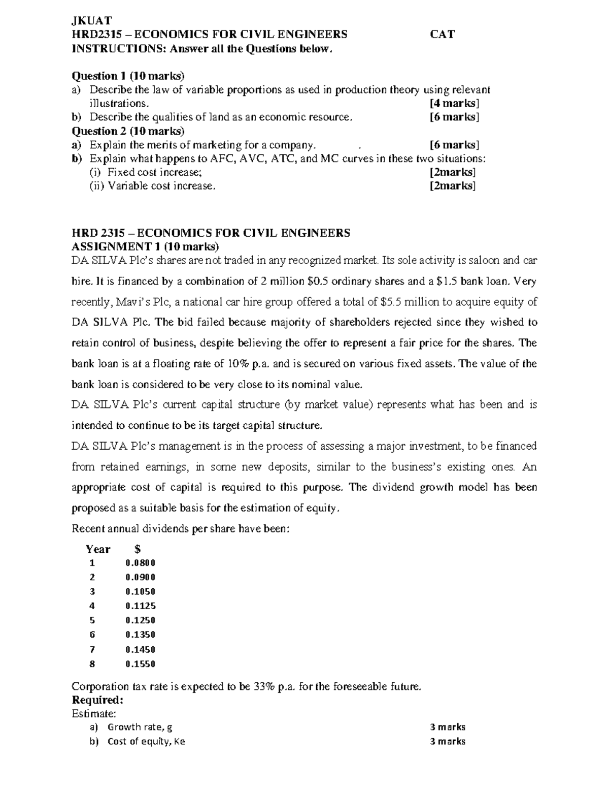 HRD2315 – Economics FOR Civil Engineers CAT and Assignment - JKUAT ...