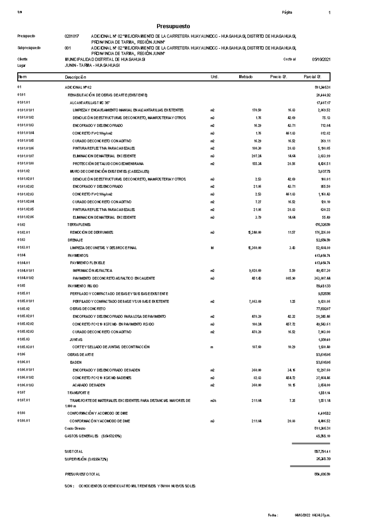 Presupuesto de adicional n°02 - Presupuesto ADICIONAL N° 02 "MEJORAMIENTO DE LA CARRETERA - Studocu