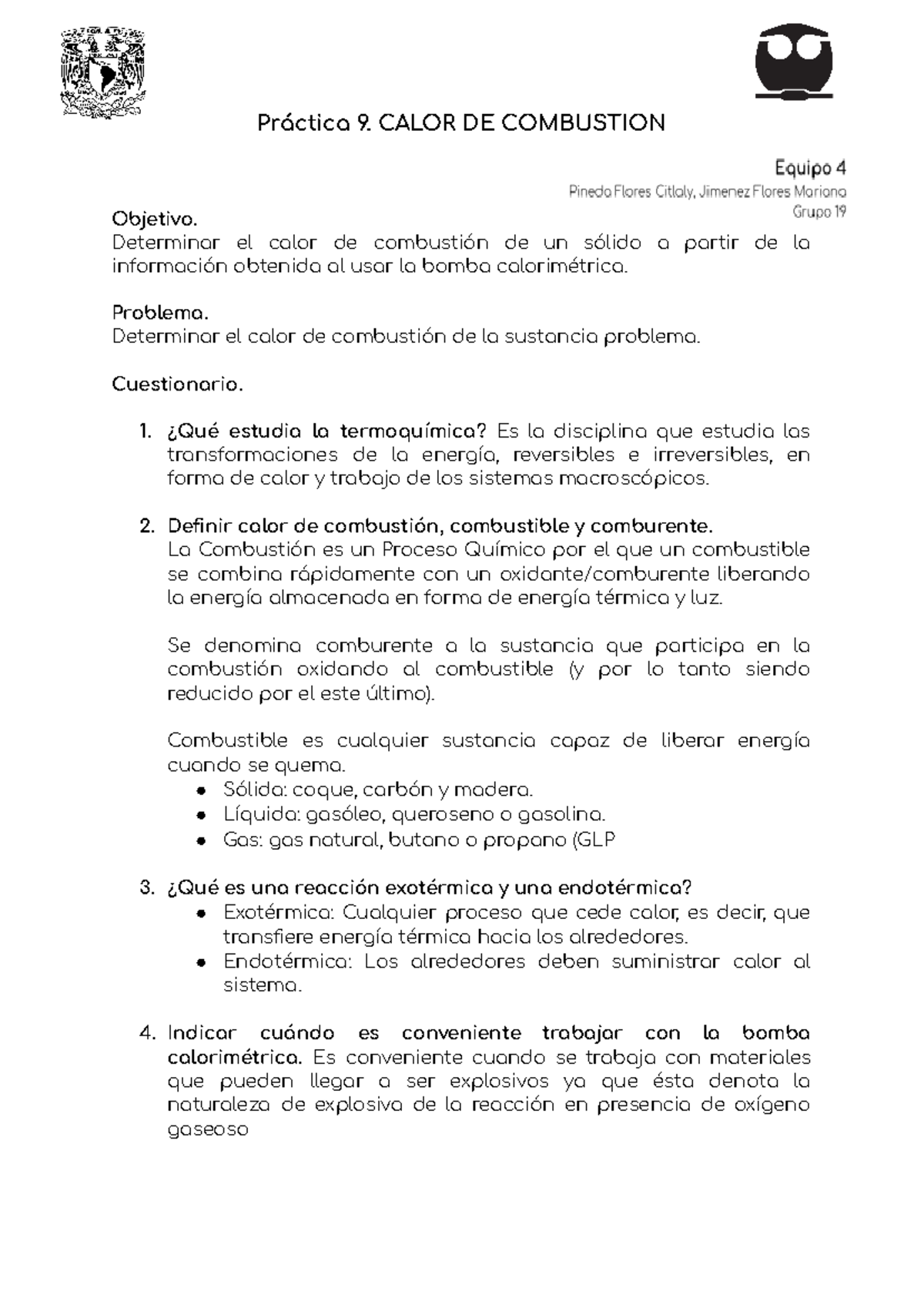P9 - Práctica 9. - Práctica 9. CALOR DE COMBUSTION Objetivo. Determinar ...