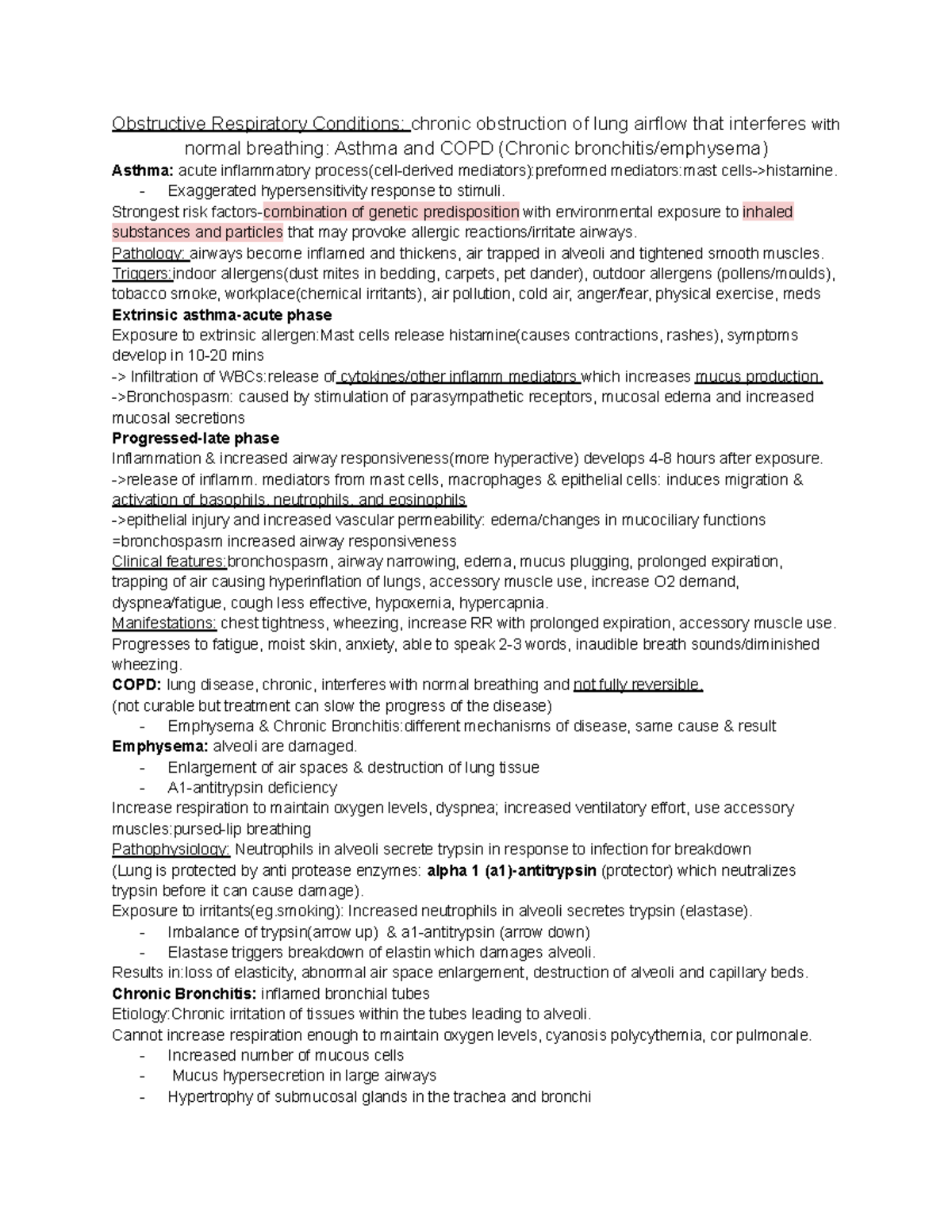 Patho Asthma & COPD - overall summary, cheat sheet - Obstructive Respiratory Conditions: chronic ...