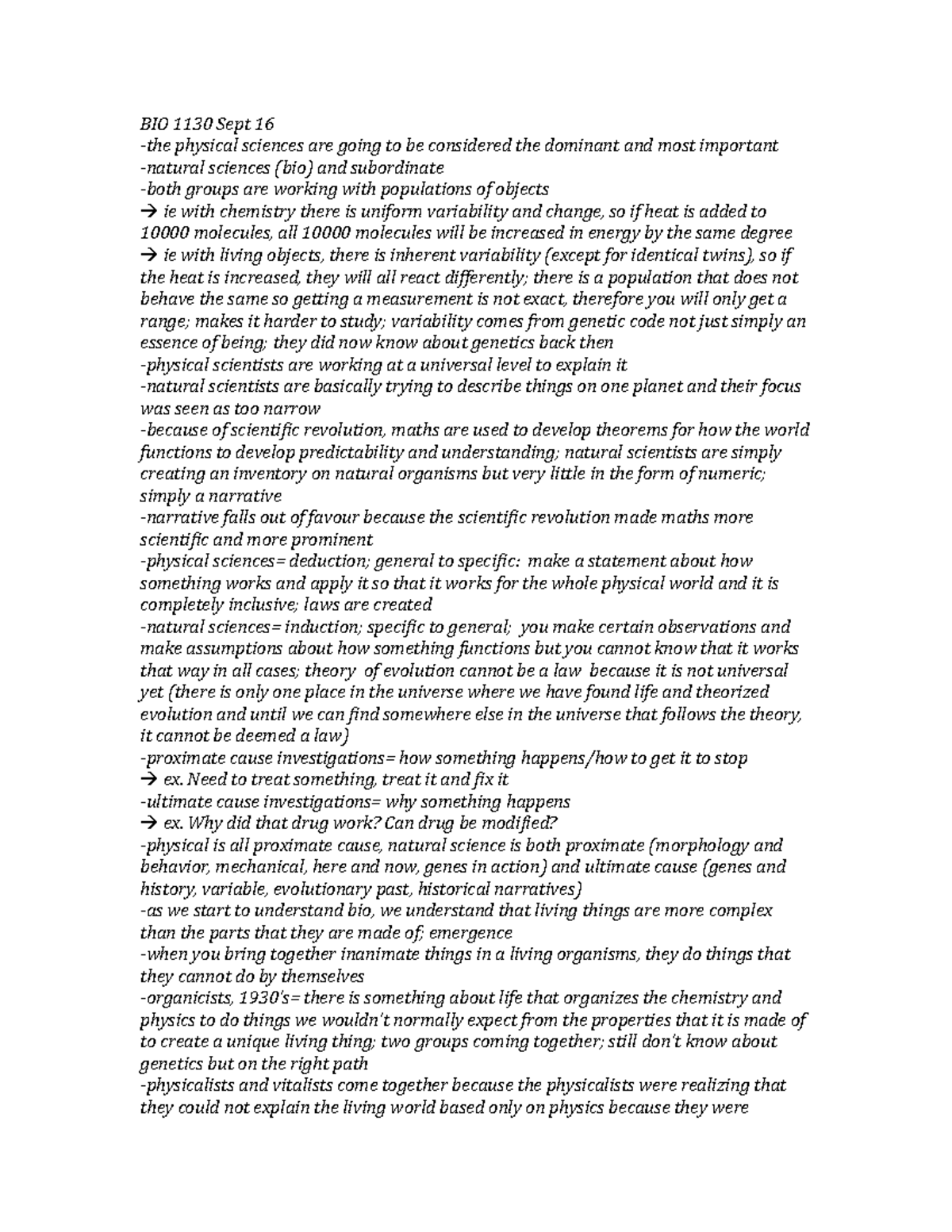 BIO 1130 Sept 16 - Lecture notes 2 - BIO 1130 Sept 16 -the physical ...