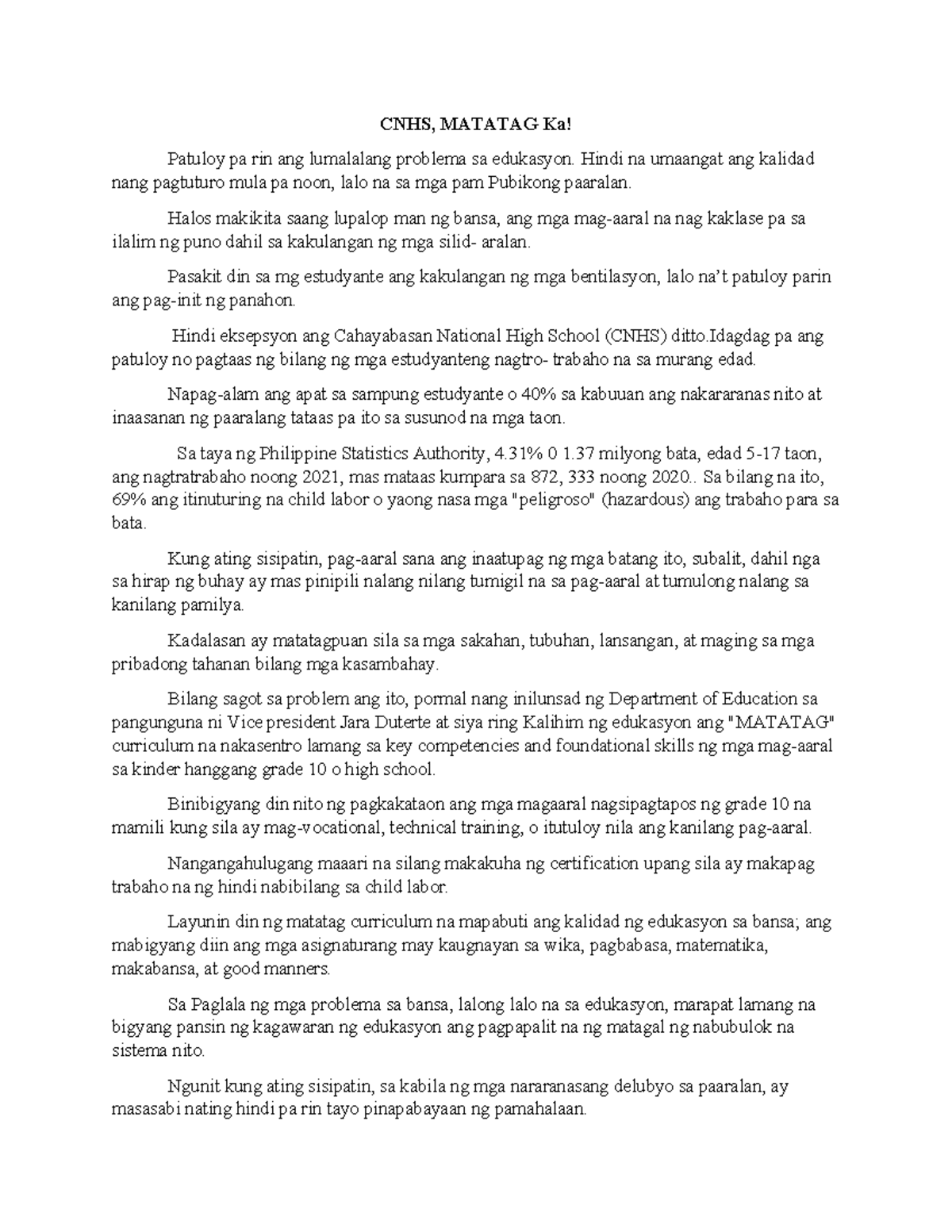 Editorial 1 - Sample report - CNHS, MATATAG Ka! Patuloy pa rin ang ...