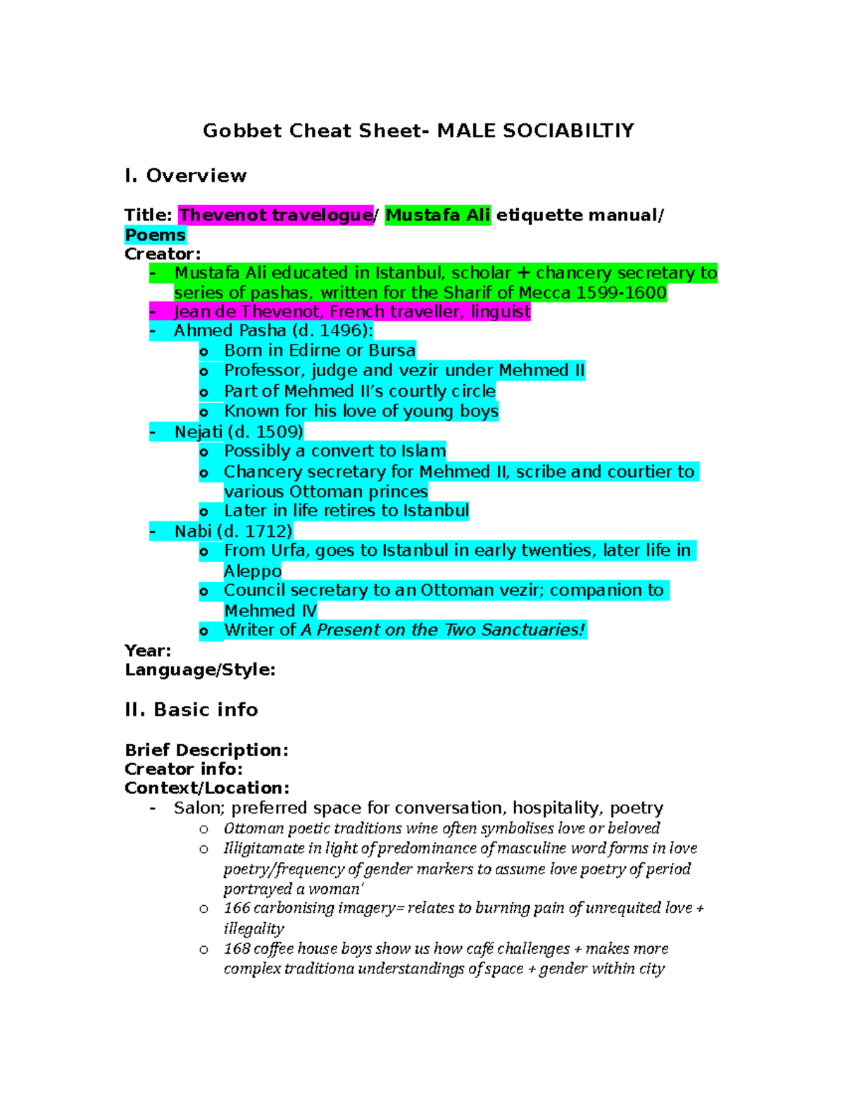 Gobbets Cheat Sheet- MALE Sociability - Gobbet Cheat Sheet- MALE ...