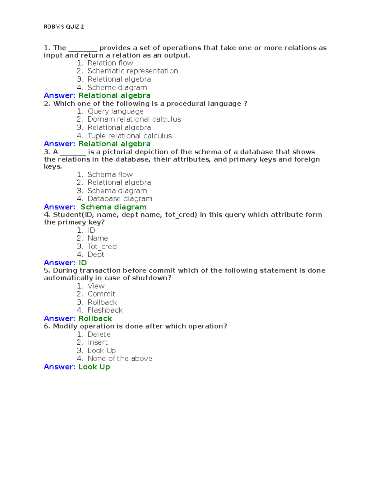 Quiz 4 Dbms Practice Rdbms Quiz 2 1 The Provides A Set Of Operations That Take