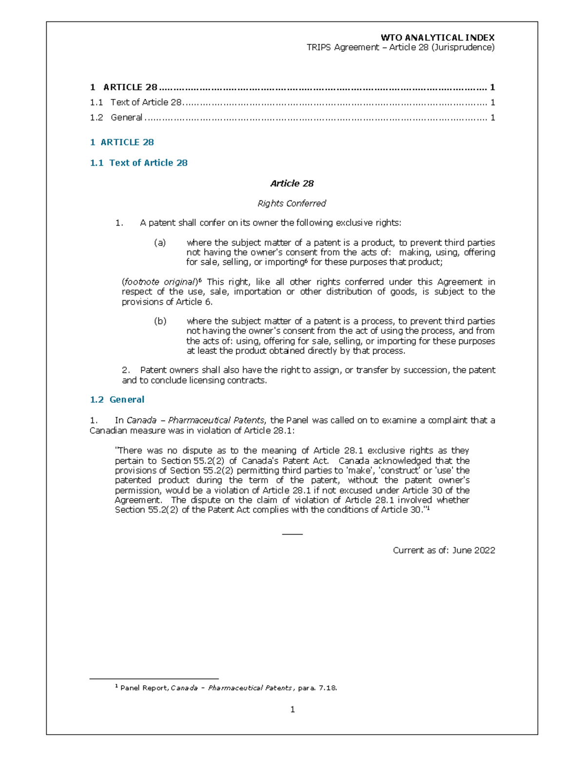 Trips art28 jur - 1234 - WTO ANALYTICAL INDEX TRIPS Agreement – Article 28 (Jurisprudence) 1 1 ...