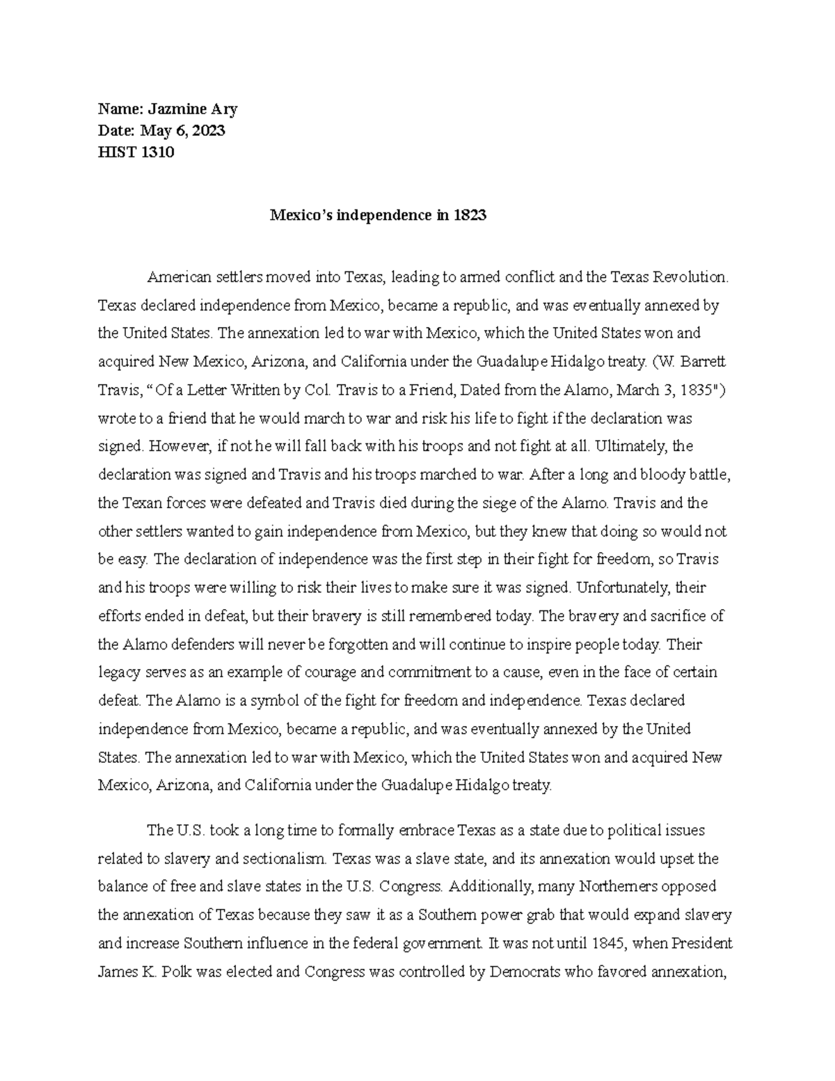 Final Exam Essay HIST 1310 - Name: Jazmine Ary Date: May 6, 2023 HIST ...