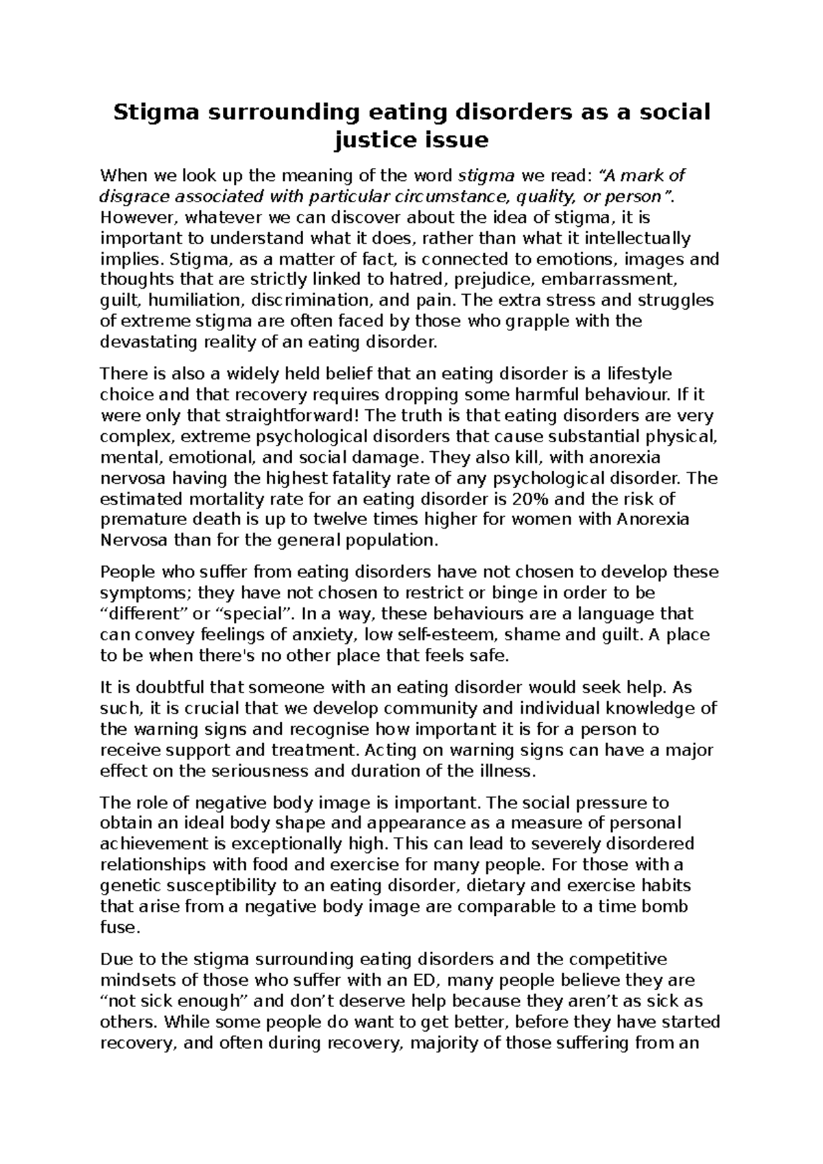 Stigma surrounding eating disorders as a social justice issue - However ...