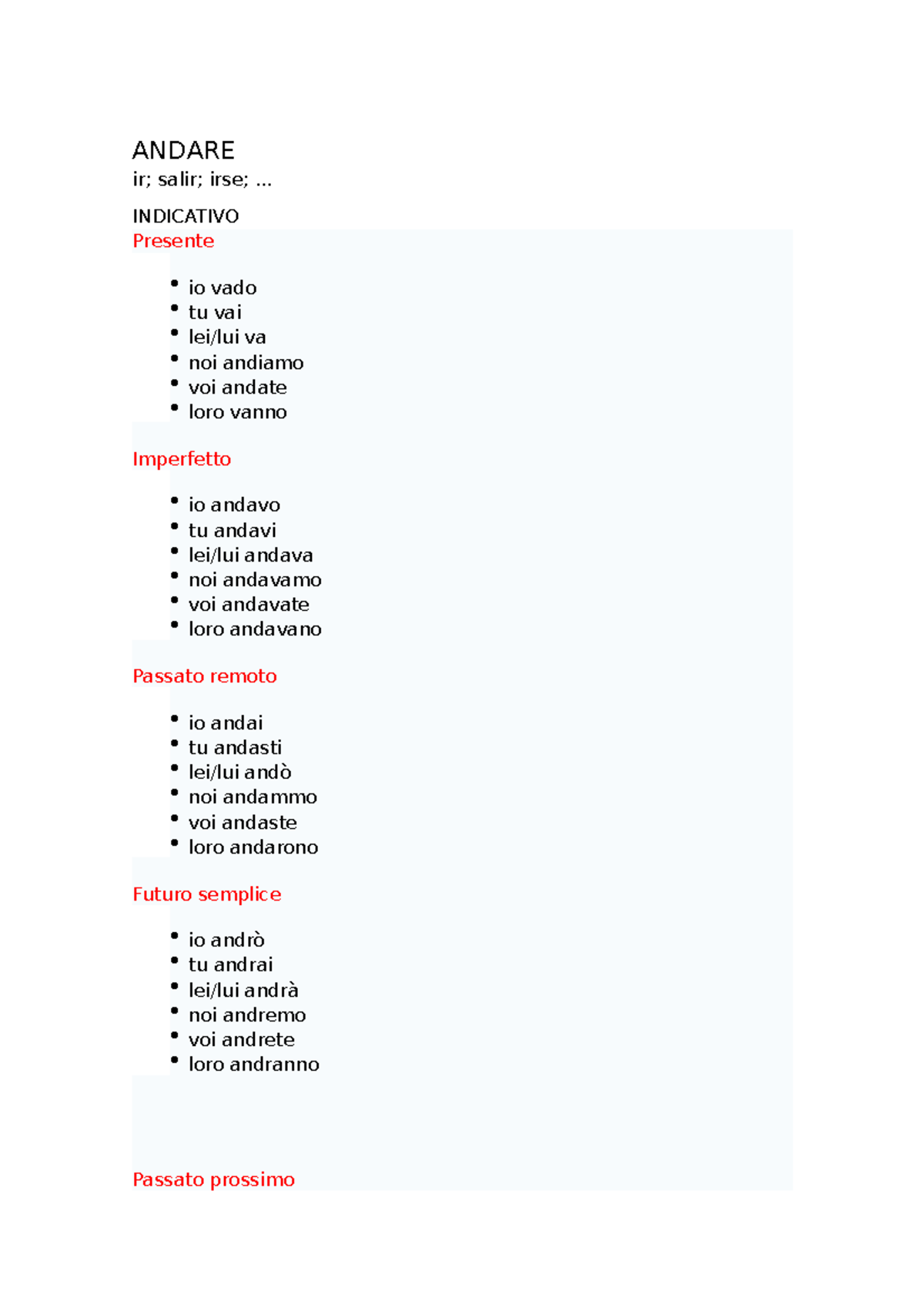 Verbos y conjugaciones Italiano I - ANDARE ir; salir; irse ...