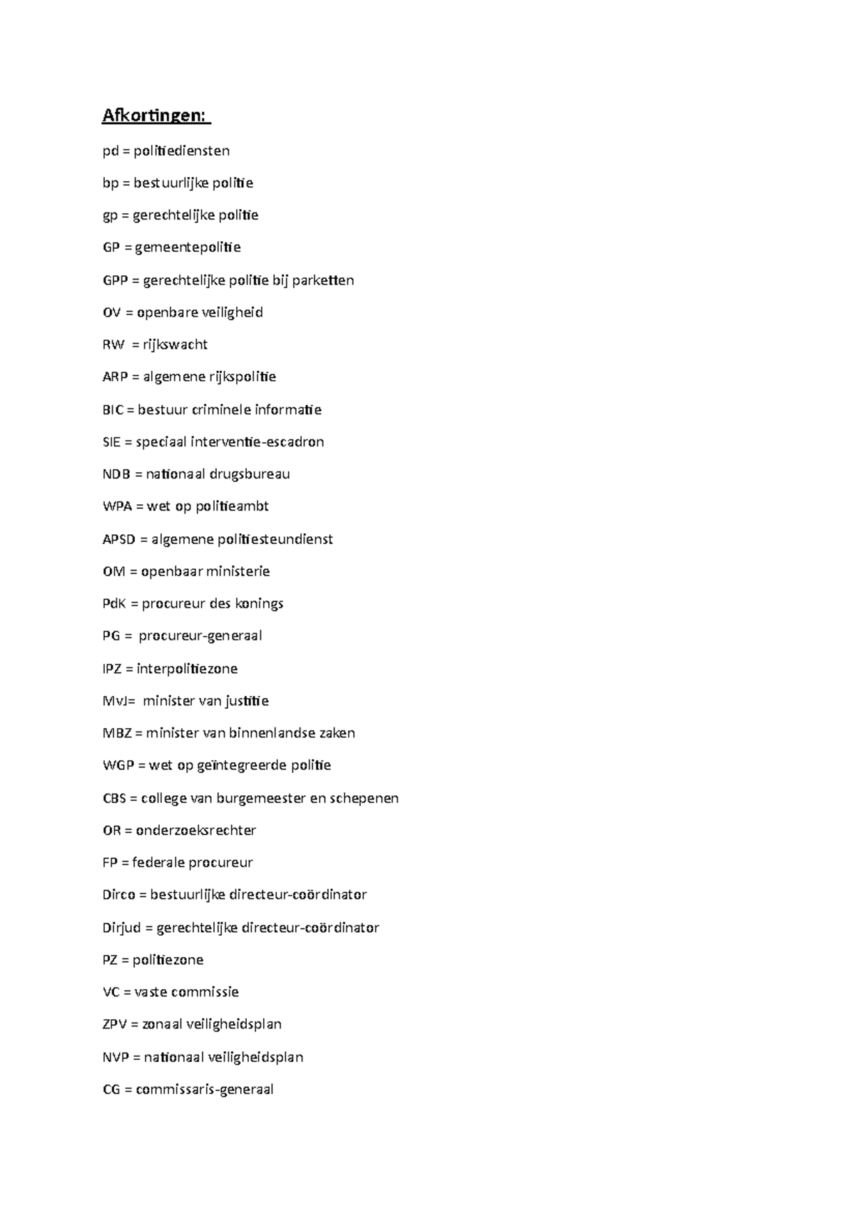 Afkortingen - Afkortingen: pd = politiediensten bp = bestuurlijke ...