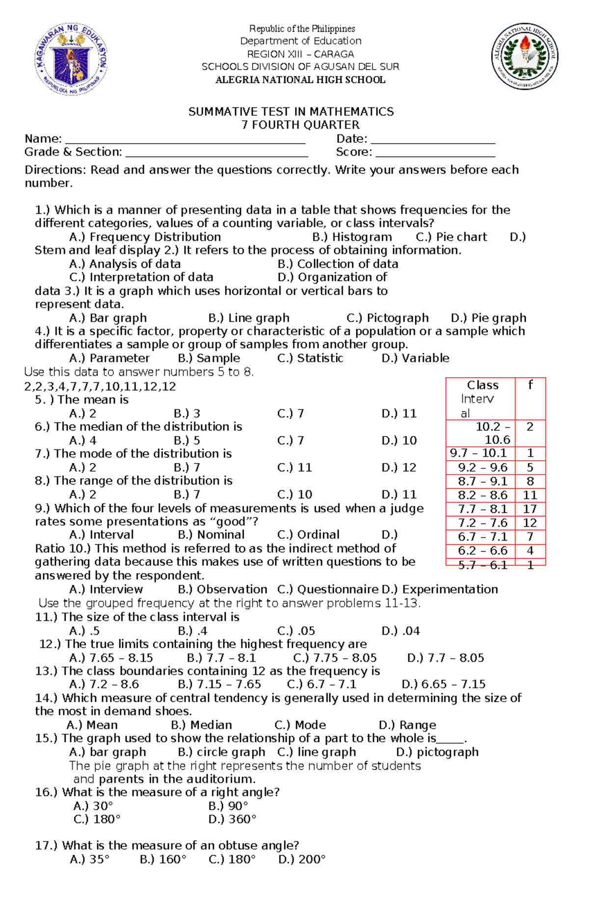 Math 4rth quarter examination 1 - Republic of the Philippines ...