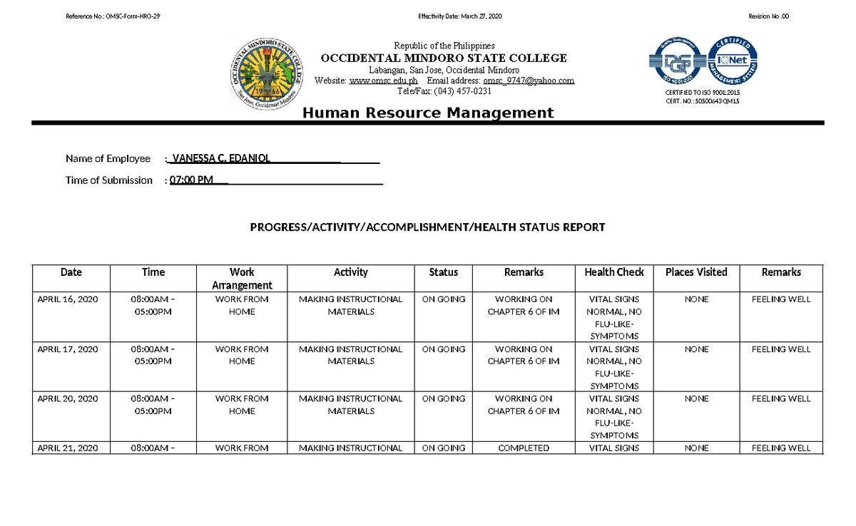 April 16-30 Accomp Rep - CERTIFIED TO ISO 9001: CERT. NO.: 50500643 QM ...