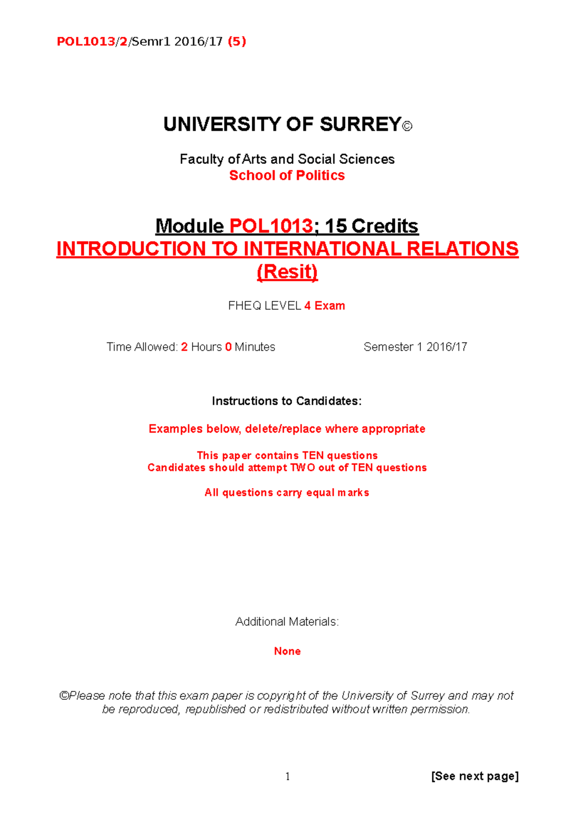 Resit Exam 2016 - POL1013/ 2 /Semr1 2016/17 (5) UNIVERSITY OF SURREY ...