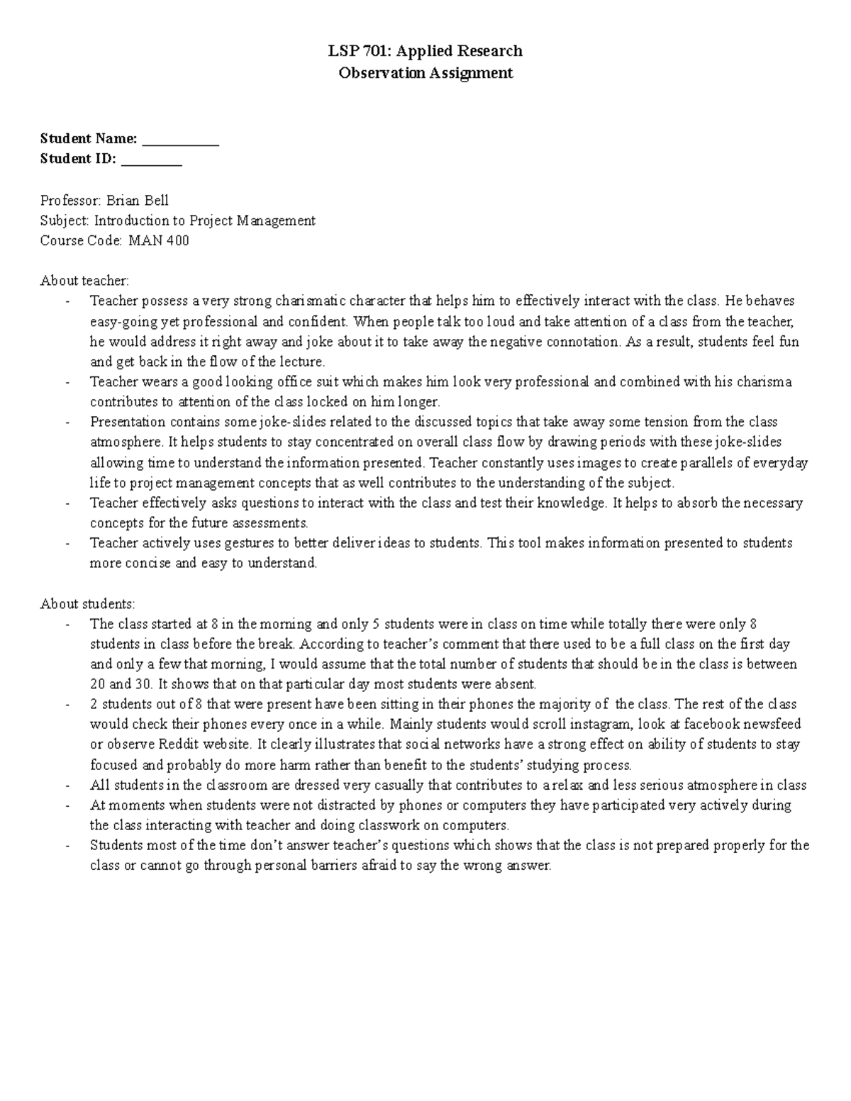 Applied Research (Observation Assignment Example) - LSP 701: Applied ...