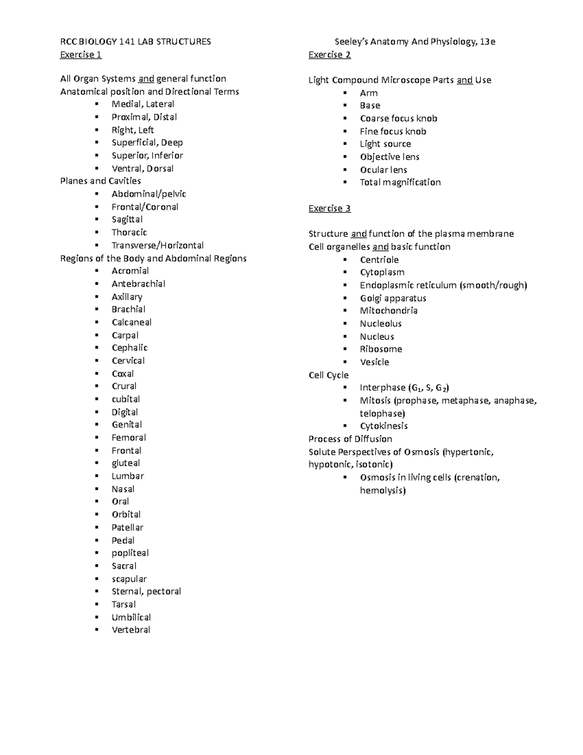 New BIO 141 Identifiable Structures List - Exercise 1 All Organ Systems ...