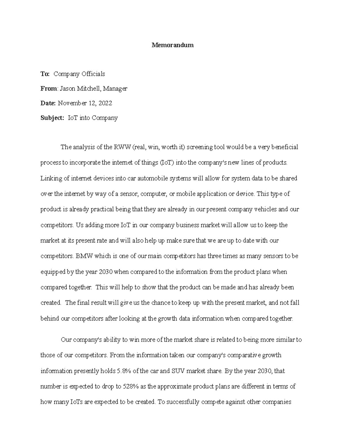 MBA 580 Integration of Innovation Memo - Memorandum To: Company ...