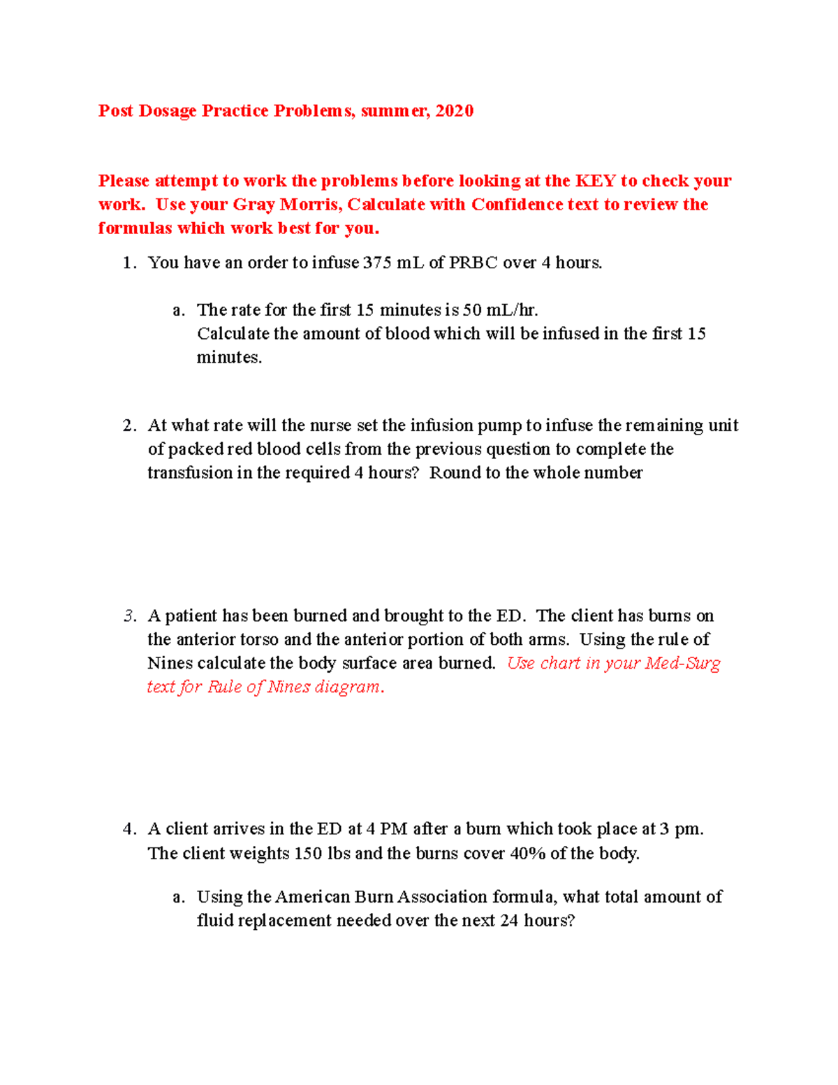 Post dosage Calc. Practice Problems , SU 2020 - Post Dosage Practice ...