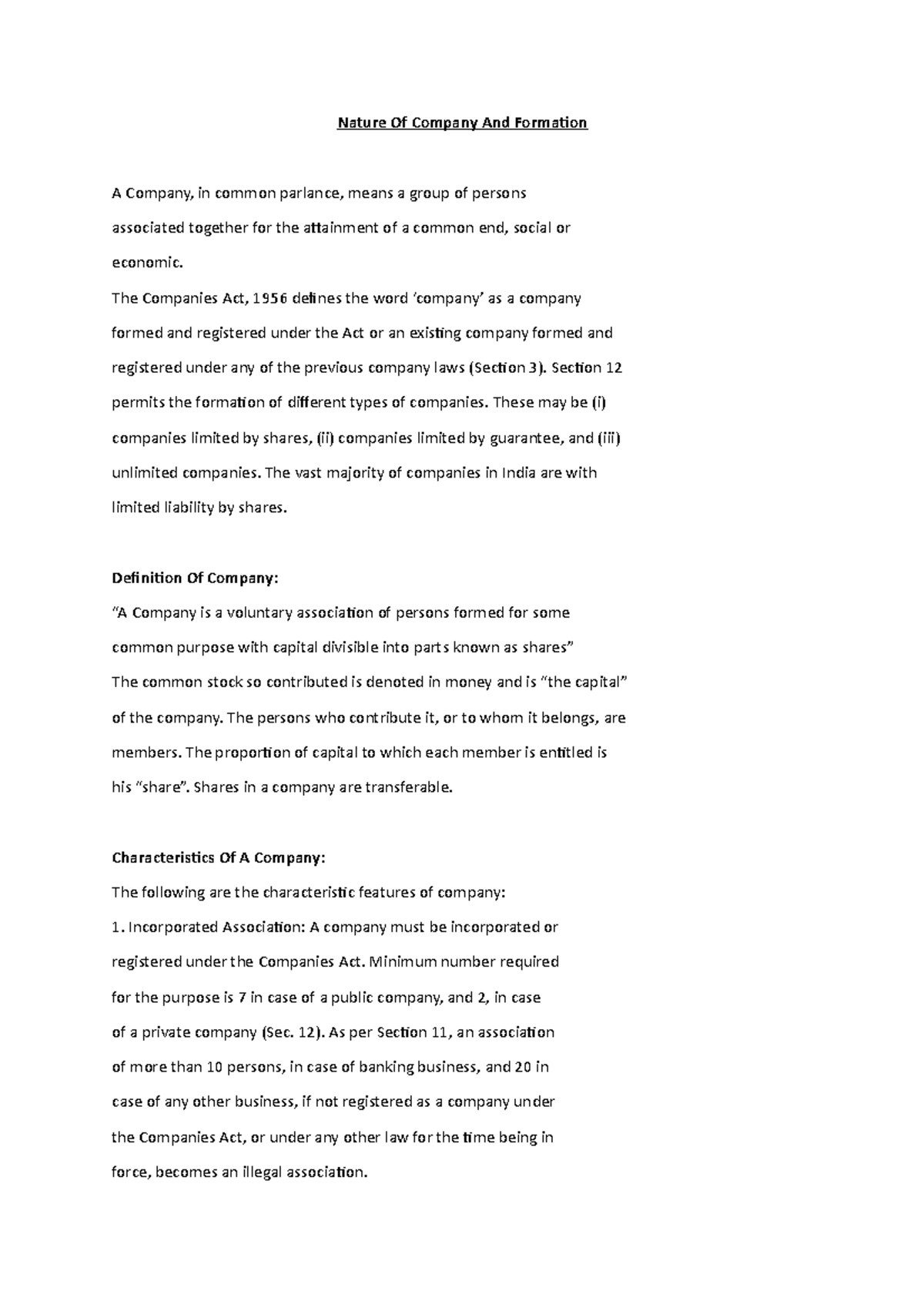 Bel 24 - Lecture note - Nature Of Company And Formation A Company, in ...