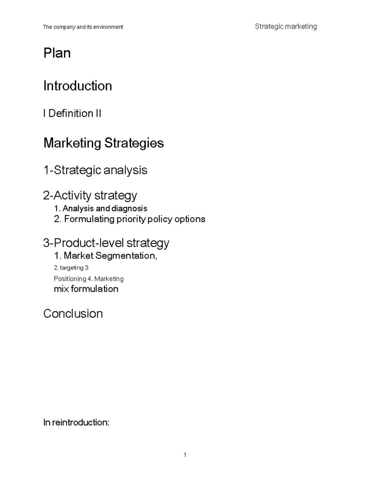 REDA 14 - Strategic marketing - Plan Introduction I Definition II ...