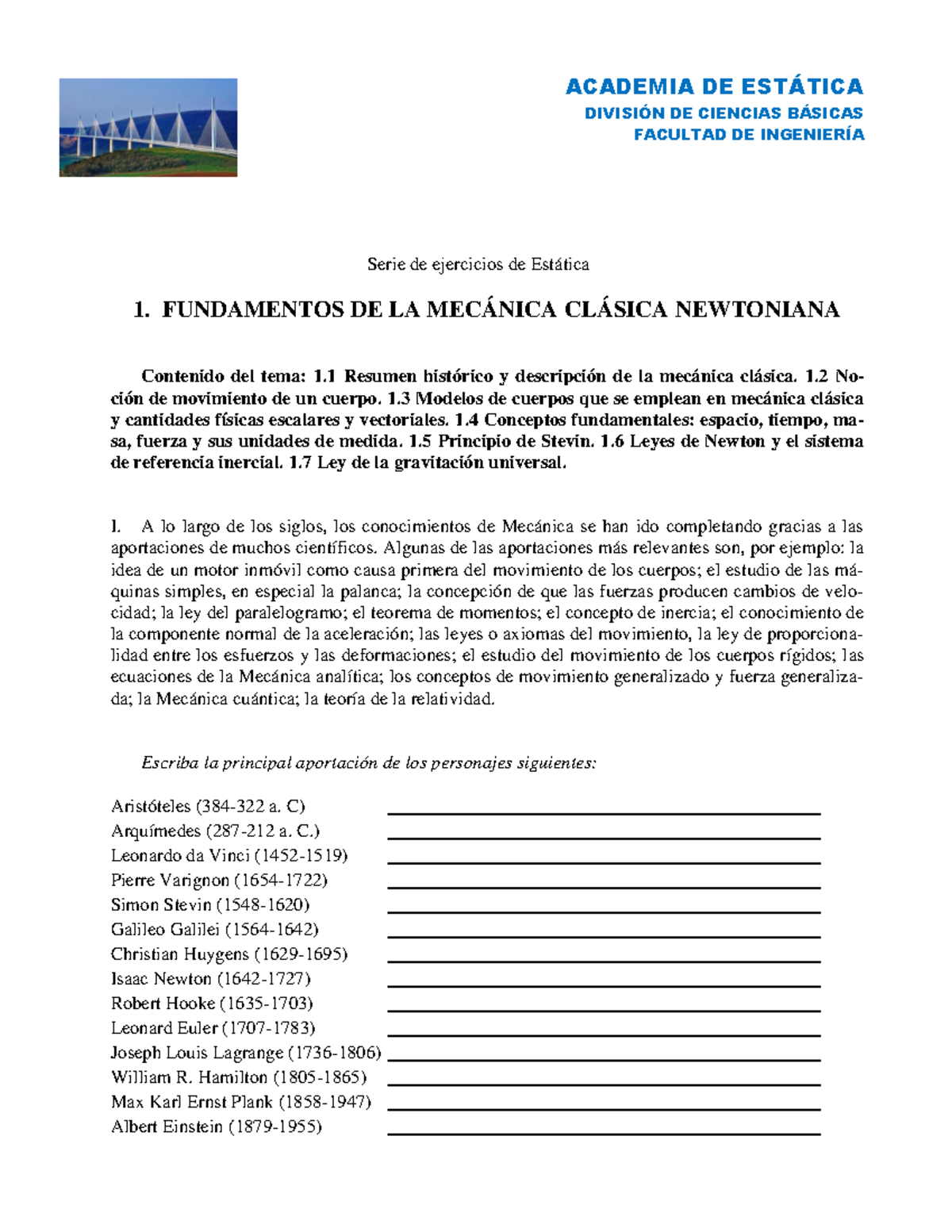 1. Fundamentos DE LA Mecánica Clásica Newtoniana - ACADEMIA DE EST¡TICA DIVISI”N DE CIENCIAS B ...