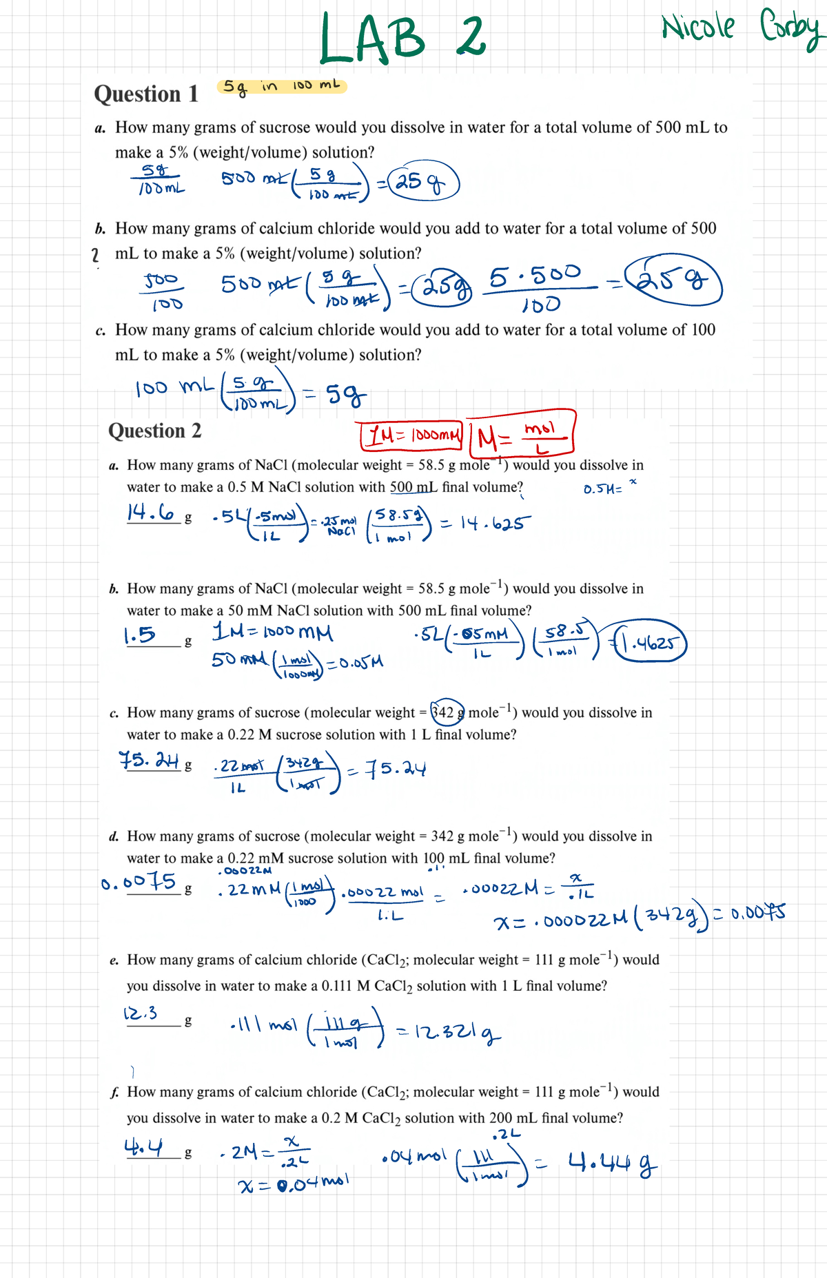 Lab 2 workbook - LATE 2 Nicole ####### Corby 5g in 100mL too 500M¥ 91 ...