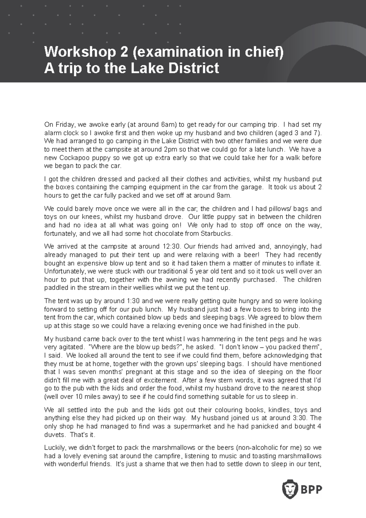 BTC2 XIC W2 Apply A Trip to the Lake District - Workshop 2 (examination in chief) A trip to the ...