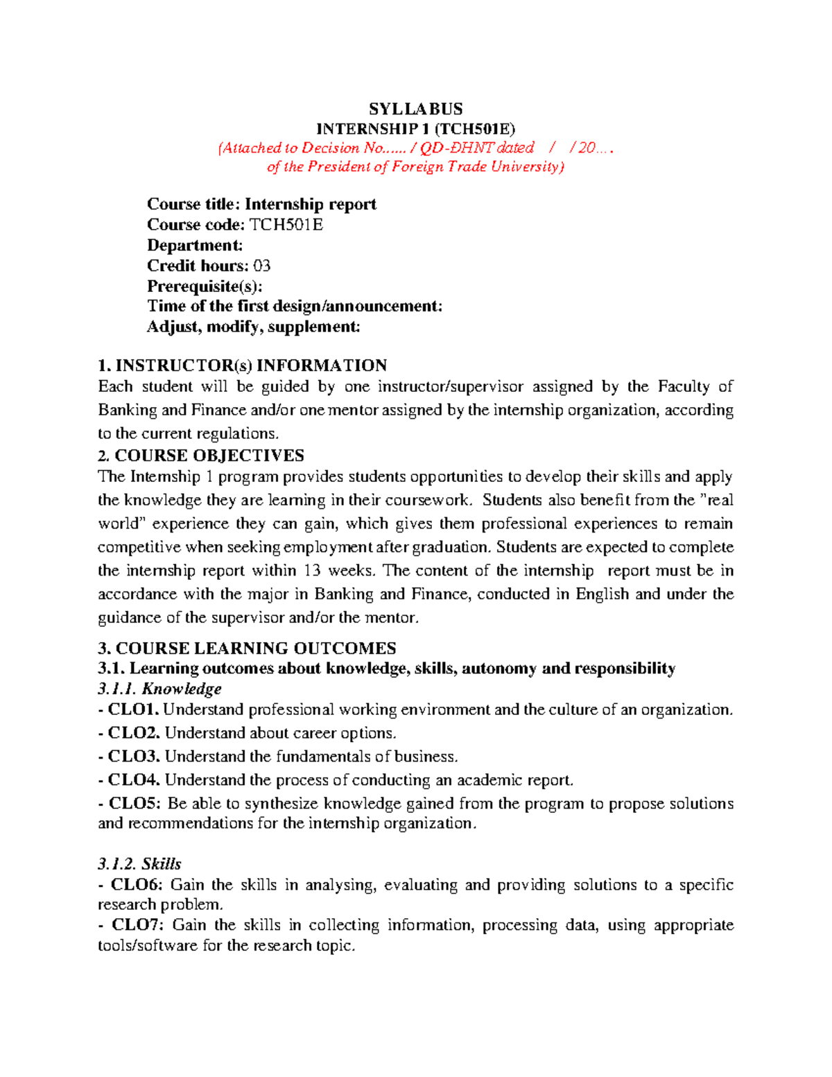 Syllabus Internship-1 TCH501E - SYLLABUS INTERNSHIP 1 (TCH501E ...