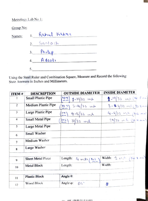 Lab Report 1 - use of combination set - ENGI 54635 – Metrology (Quality ...