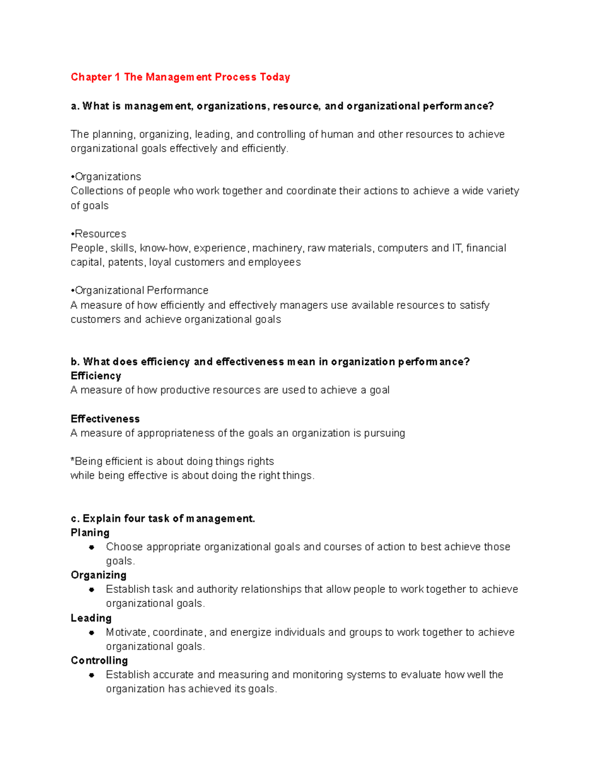 Midterm Study Guideline - Chapter 1 The Management Process Today a ...