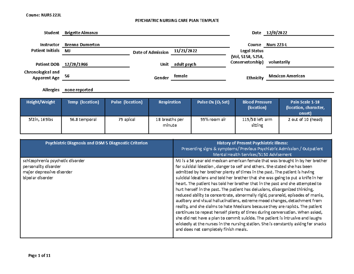 Psych care plan - PSYCHIATRIC NURSING CARE PLAN TEMPLATE Student ...
