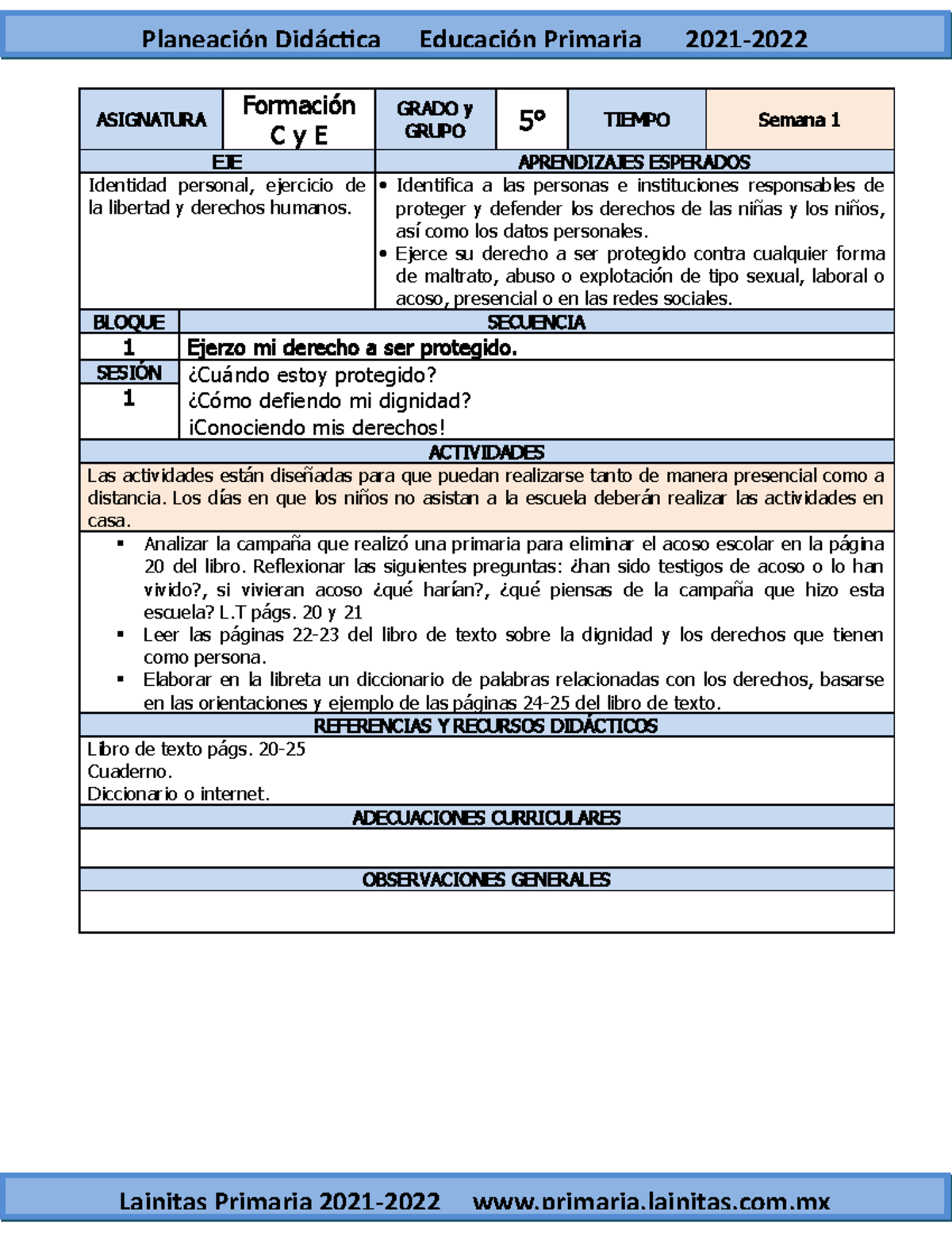 Octubre - 5to Grado Formación C y E (2021-2022) - ASIGNATURA Formación C y E GRADO y GRUPO 5 ...