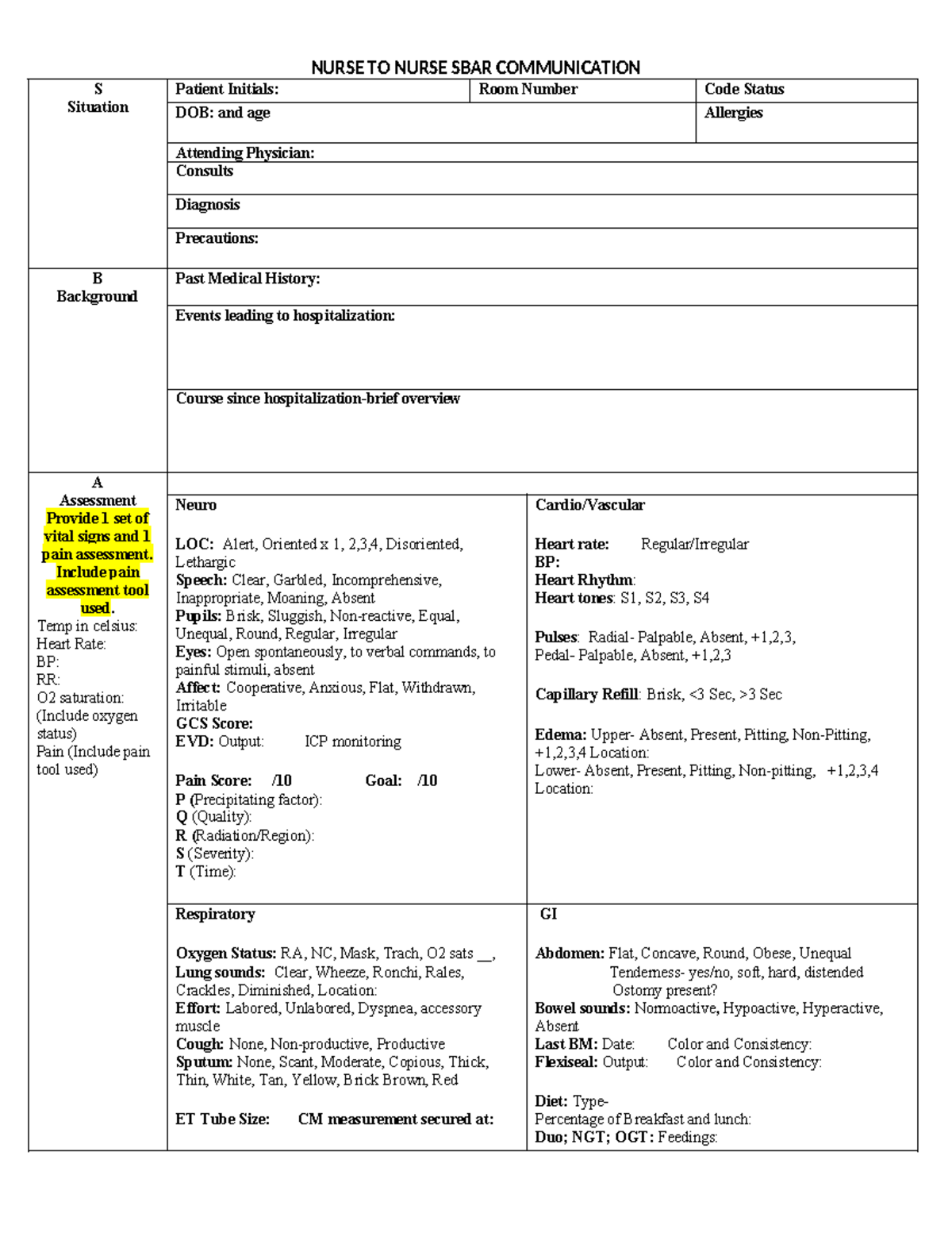SBAR gcu - best SBAR template for ICU - NURSE TO NURSE SBAR COMMUNICATION S Situation Patient ...