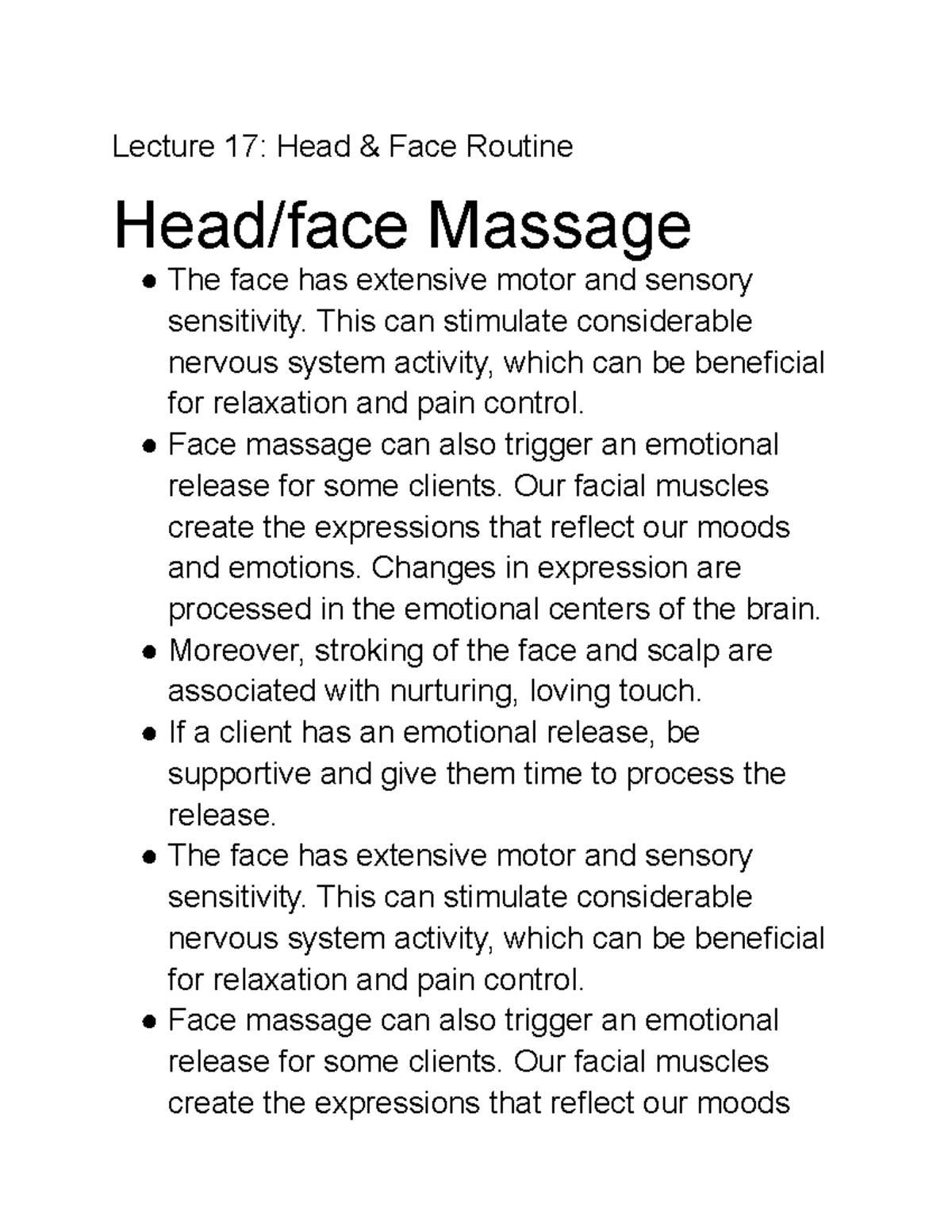 Lecture 17 Head and Face Routine - Lecture 17: Head & Face Routine Head ...