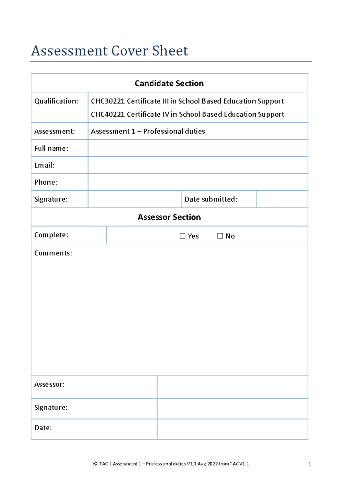 Assessment 1 – Professional duties V1.1 (TAC) - Assessment Cover Sheet ...