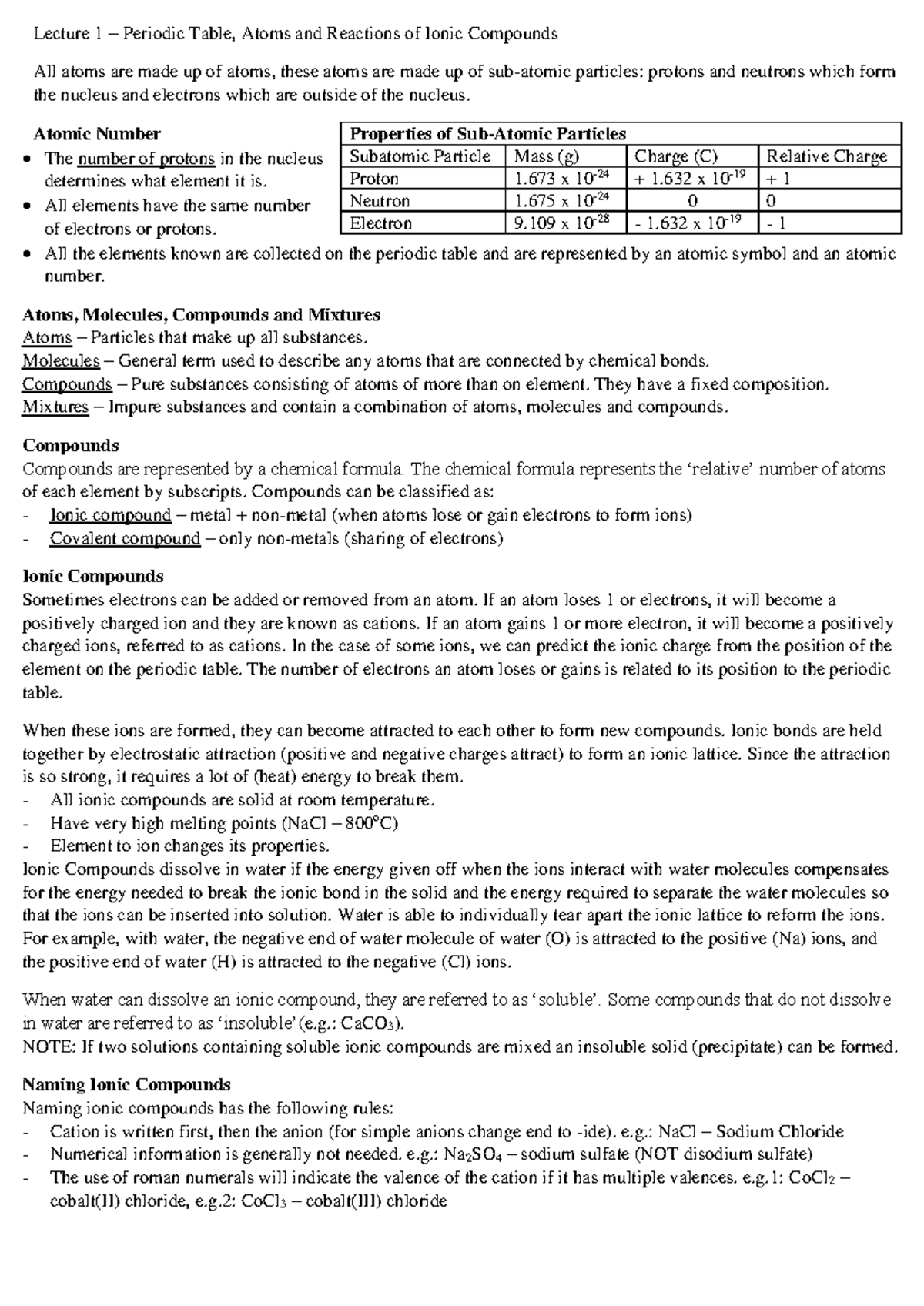 CHEM Lecture Notes 1 - Lecture 1 – Periodic Table, Atoms and Reactions ...