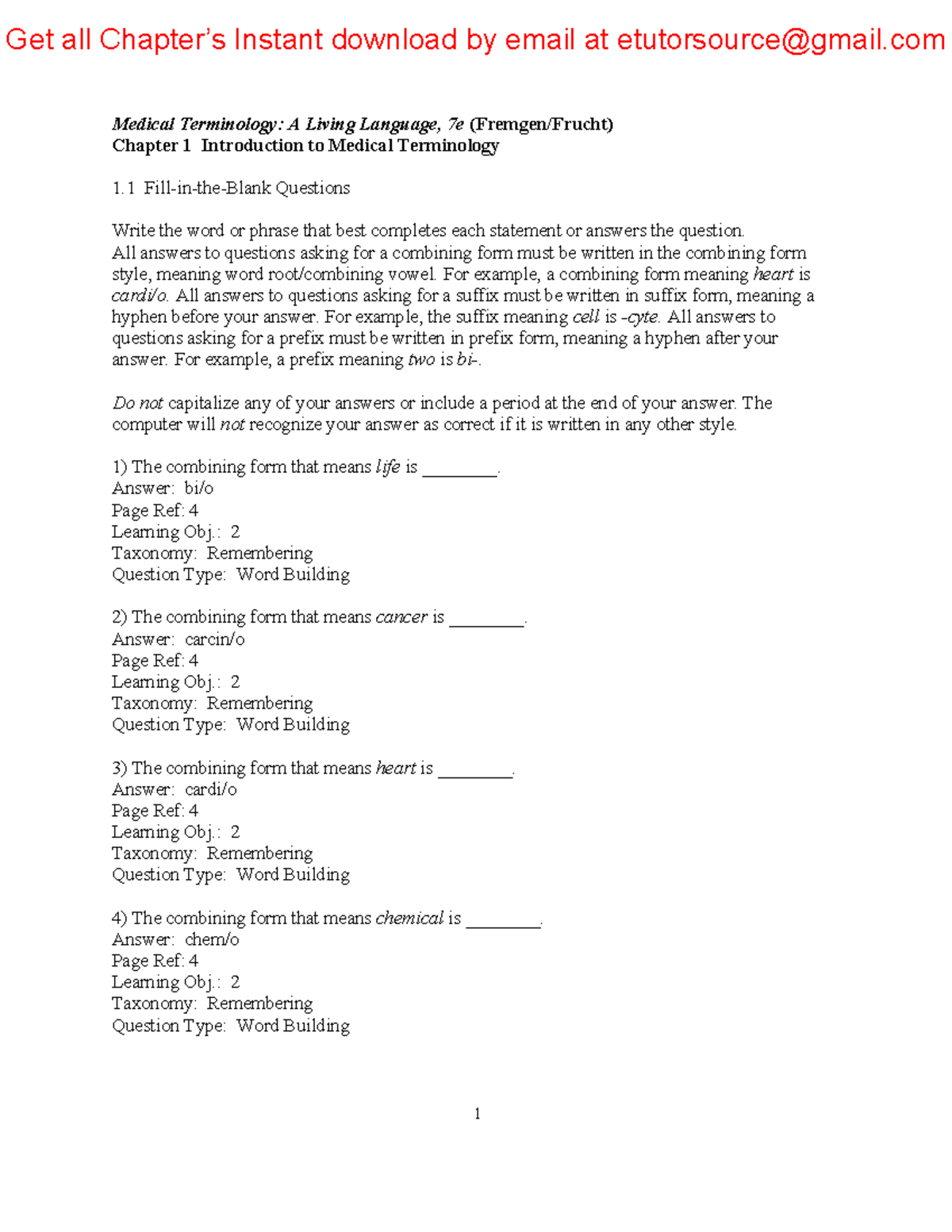 Test Bank For Medical Terminology A Living Language 7e Bonnie Fremgen ...