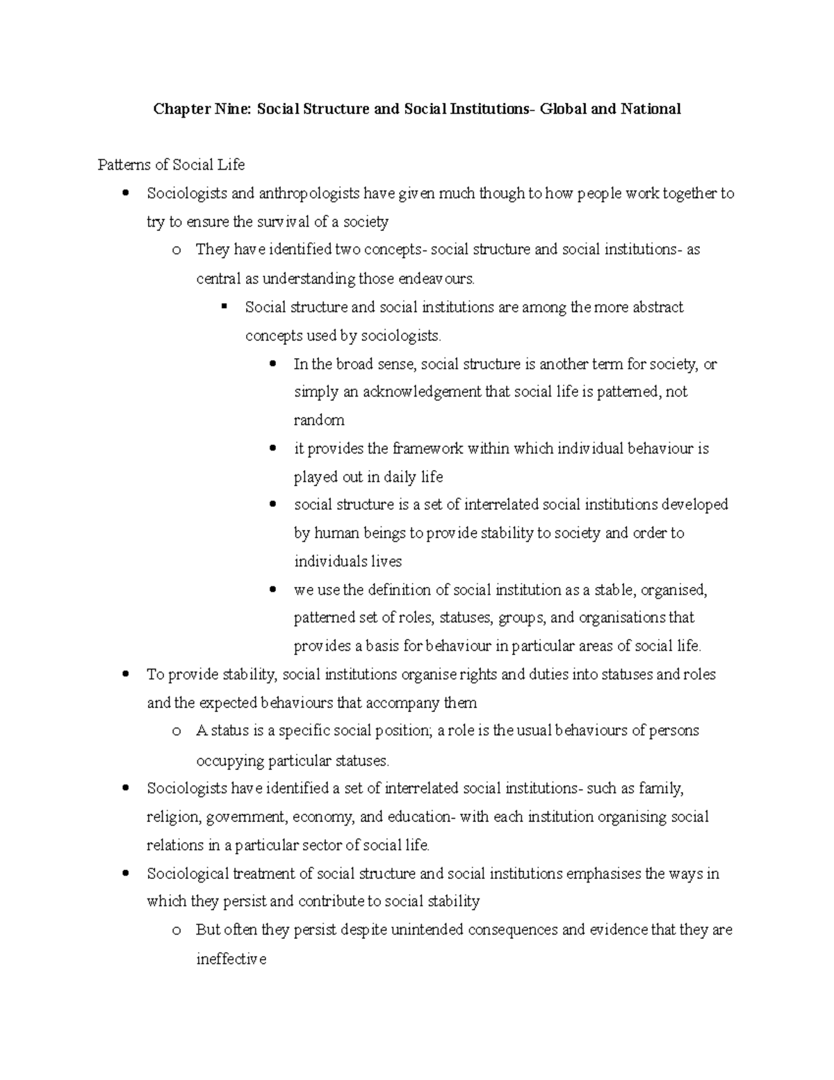 Chapter Nine Social Structure and Social Institutions Global and ...