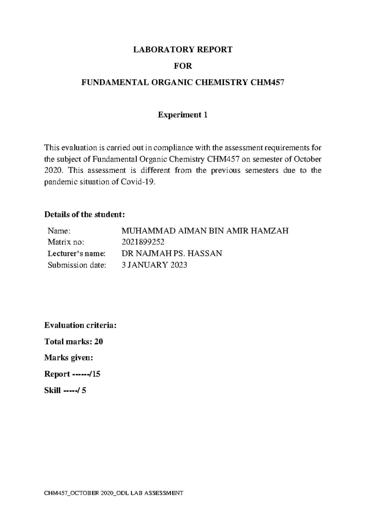 LAB Report EXP1 CHM457 - Acid-Base Extraction - LABORATORY REPORT FOR FUNDAMENTAL ORGANIC ...