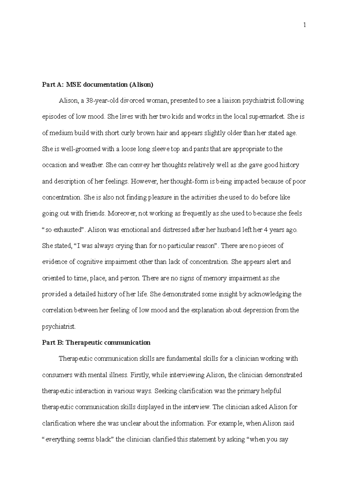 MHI assessment 1 on putting theory to practcie - 1 Part A: MSE ...