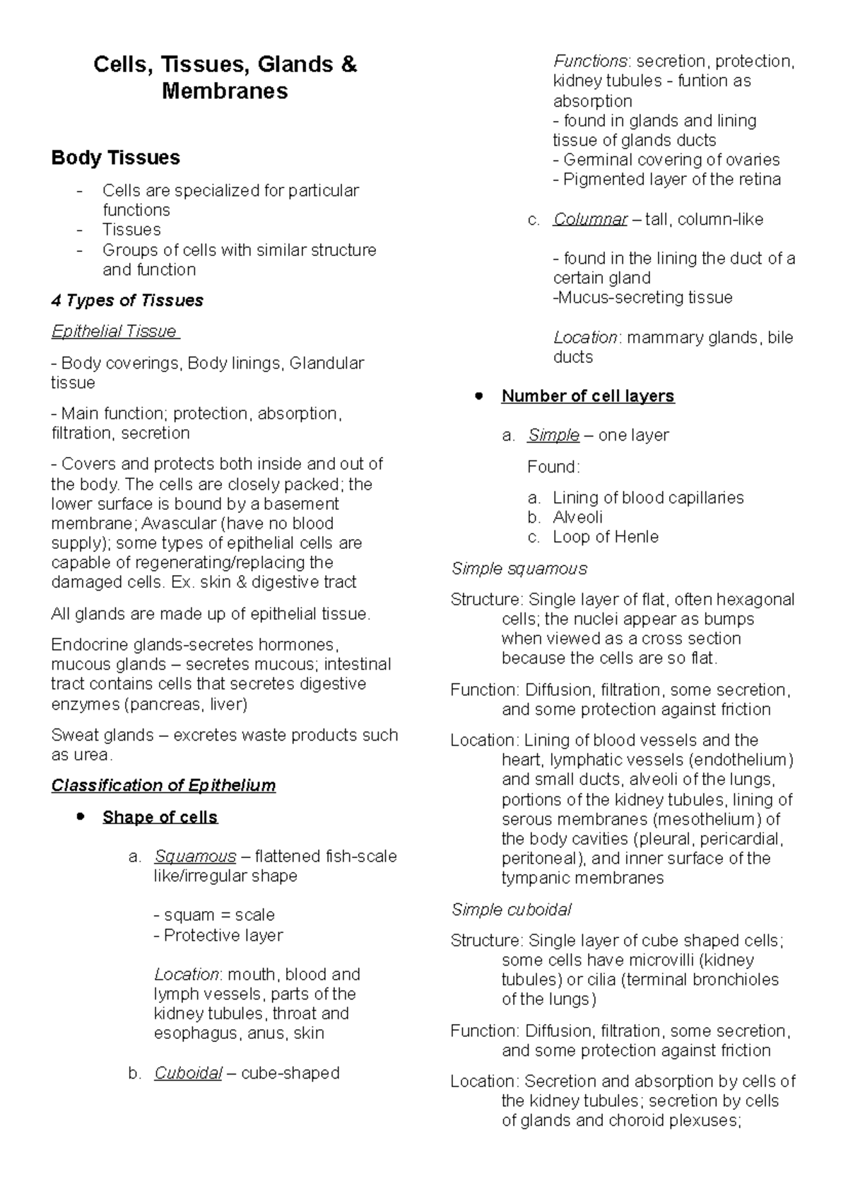 Cells Notes - 1st year - Cells, Tissues, Glands & Membranes Body ...