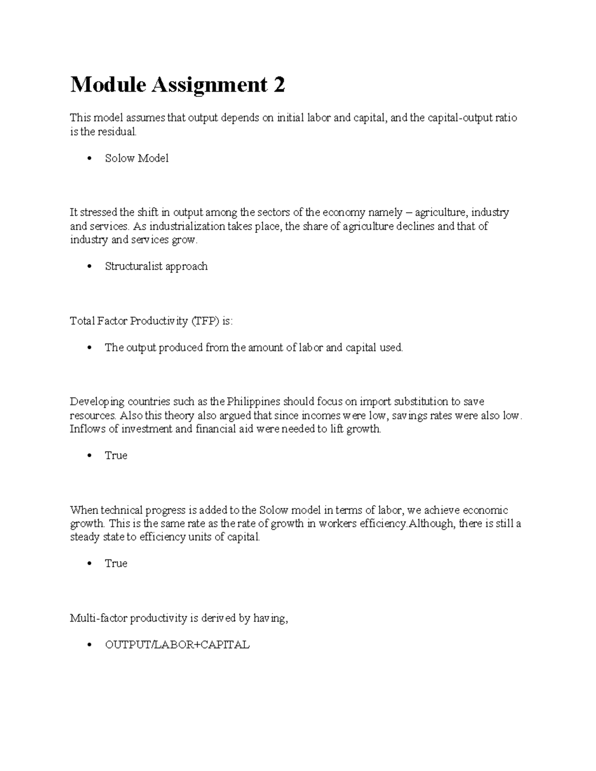 Module Assignment 2 Econ Dev Module Assignment 2 This Model Assumes