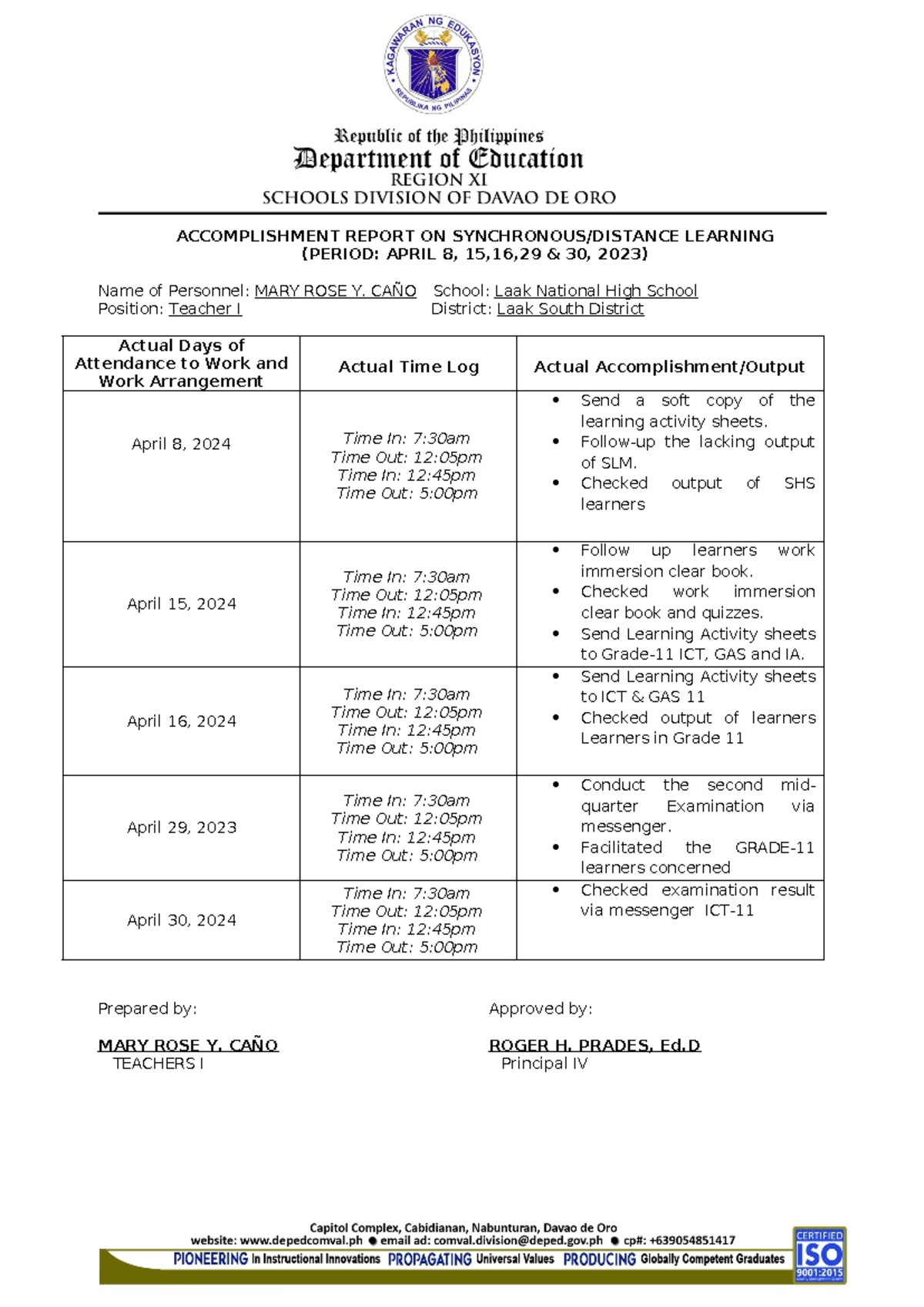 Accomplishment Modular Learning Distance Accomplishment Report On