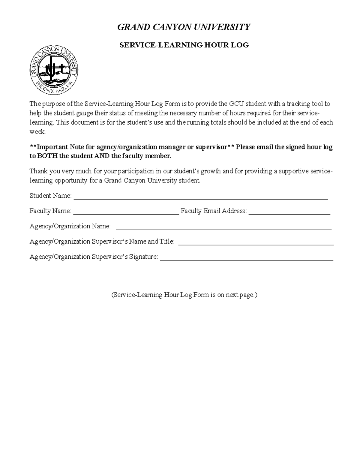 SWK-280-RS-Service-Learning Hour Log - GRAND CANYON UNIVERSITY SERVICE ...