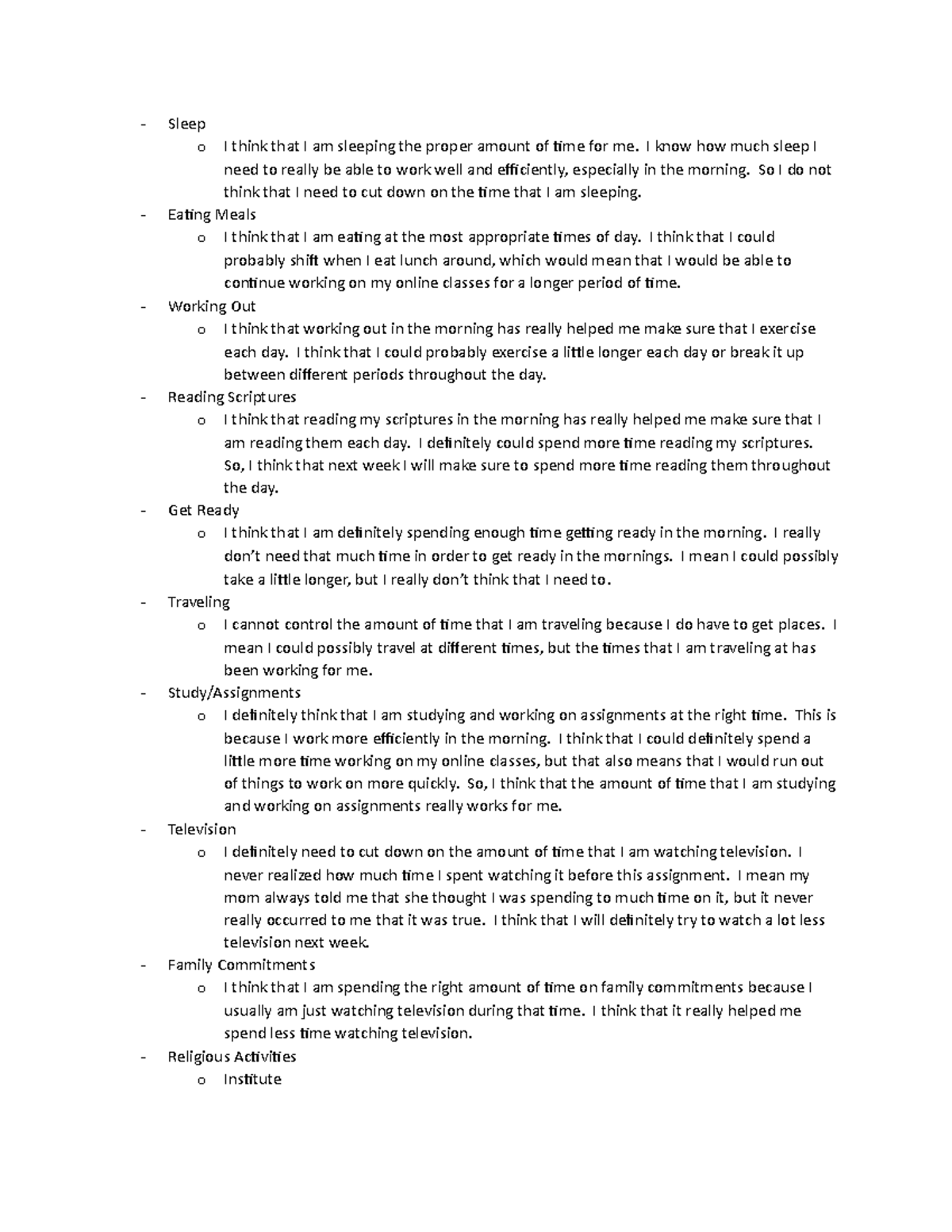 Time Tracker Reflection and Action Plan - Sleep o I think that I am ...