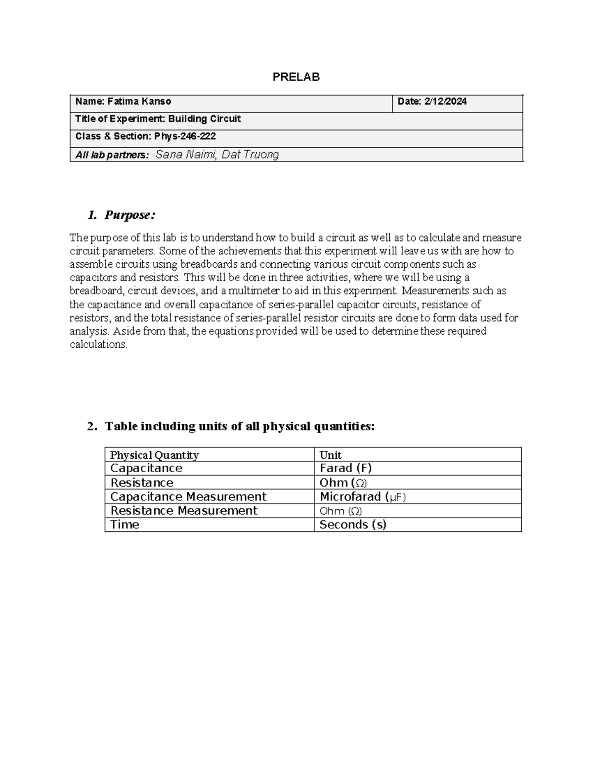 Pre-lab-Fatima Kanso - shows the prelab assignment of electric cicuits - PRELAB Name: Fatima ...