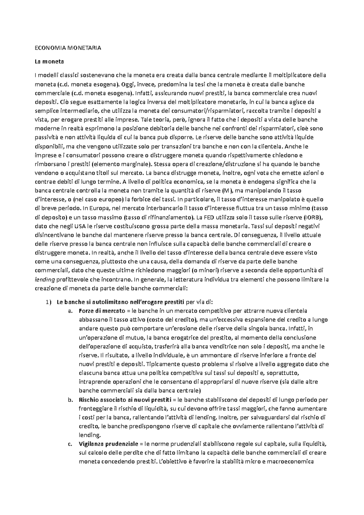 Economia Monetaria Appunti SSSUP - ECONOMIA MONETARIA La moneta I ...